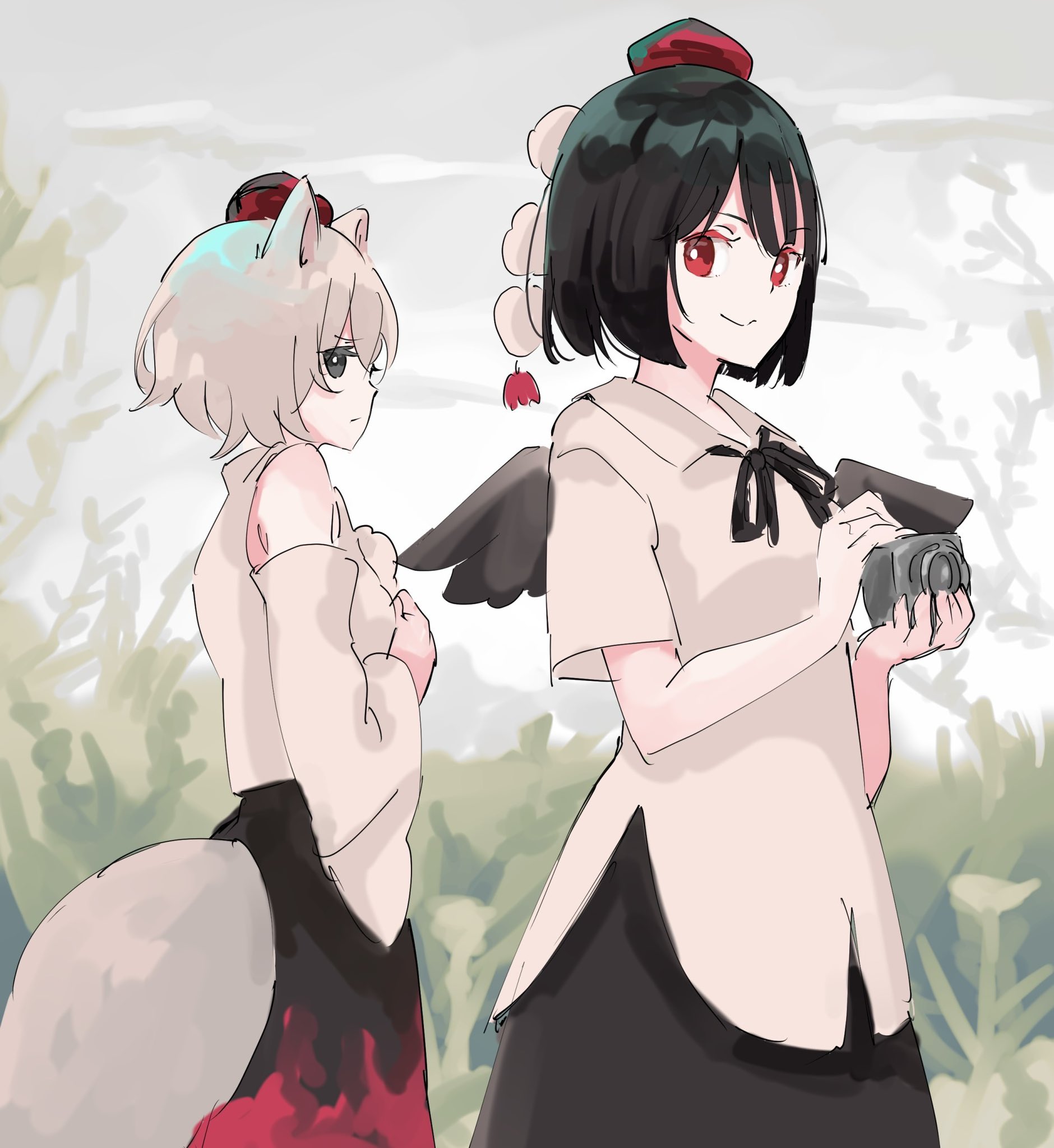 Safebooru - 2girls animal ears bare shoulders bird wings black eyes black hair black skirt black ...