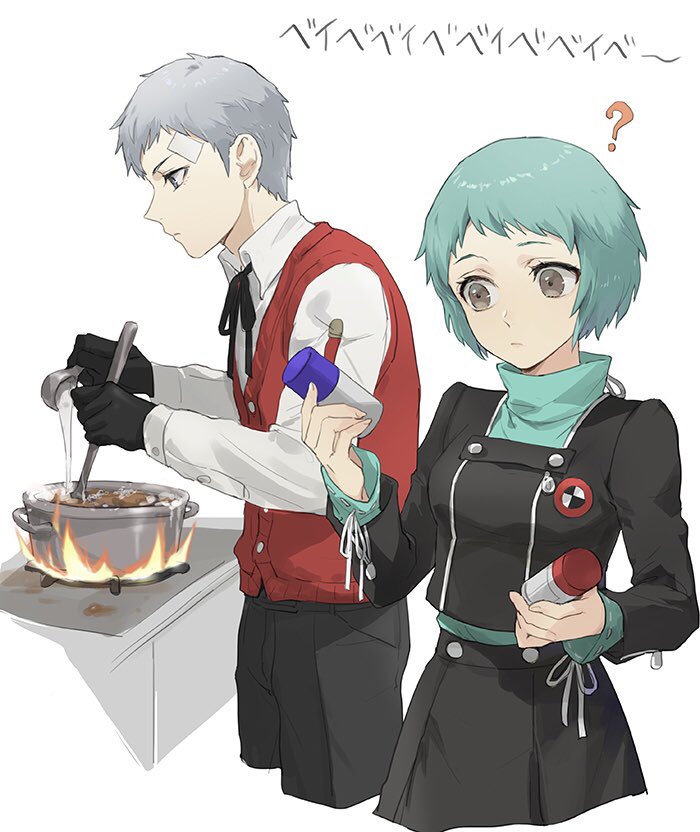 Safebooru - 1boy 1girl ? aqua hair black gloves black pants black ribbon black skirt brown eyes ...