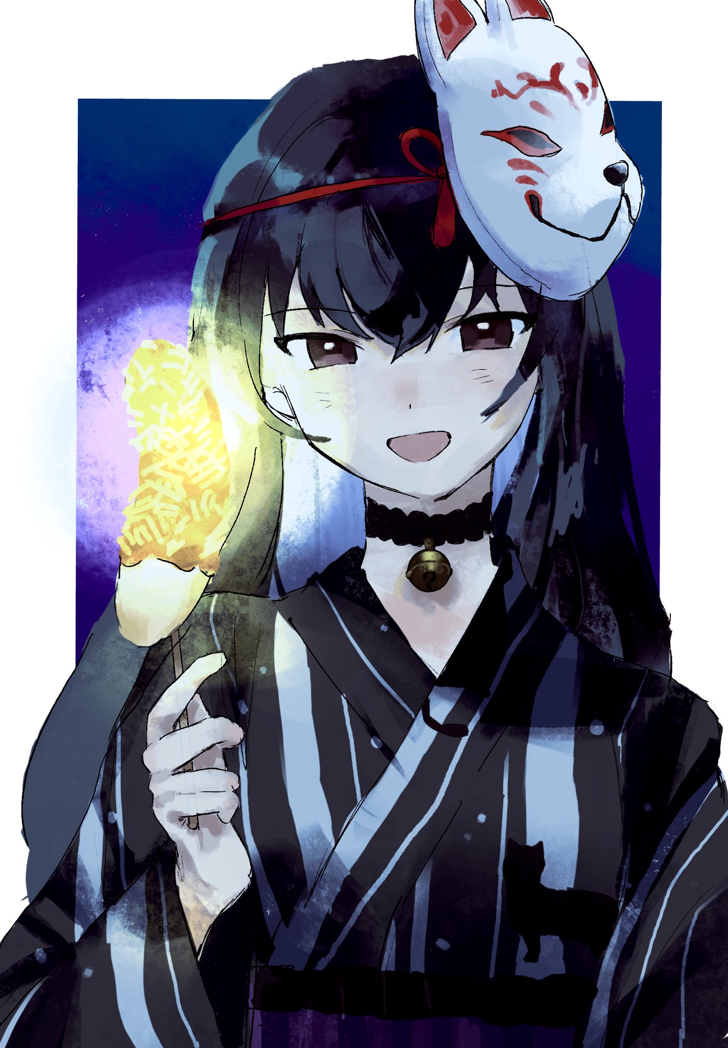 Safebooru - 1girl :d adapted costume banana bell black choker black hair black kimono blue ...