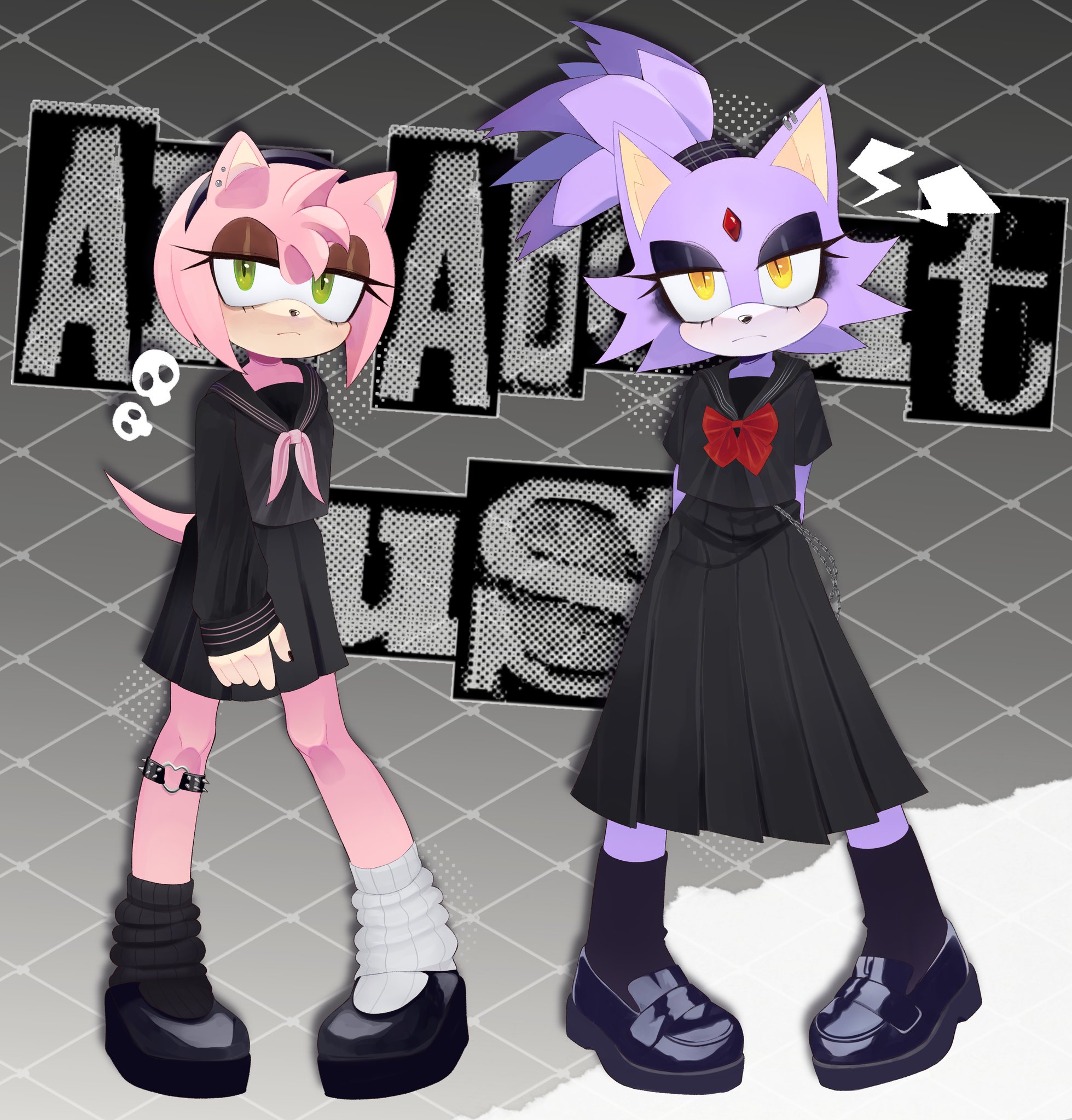 Safebooru - 2girls amy rose animal ears arms behind back asymmetrical legwear black eyeshadow ...