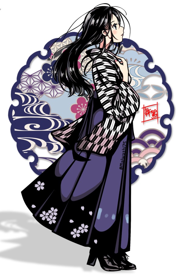 Safebooru - 1girl black eyes black footwear black hair blush boots floral print from side hakama ...