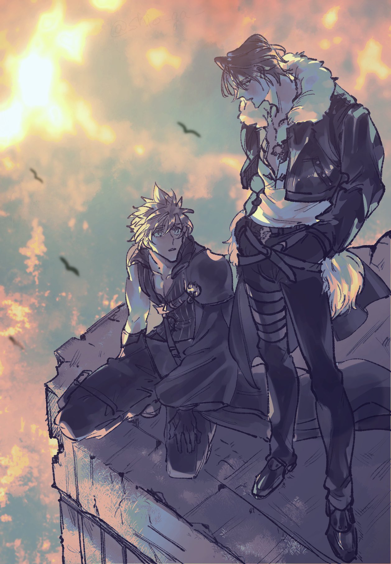 Safebooru - 2boys armor bird black footwear black jacket black pants blonde hair blurry blurry ...