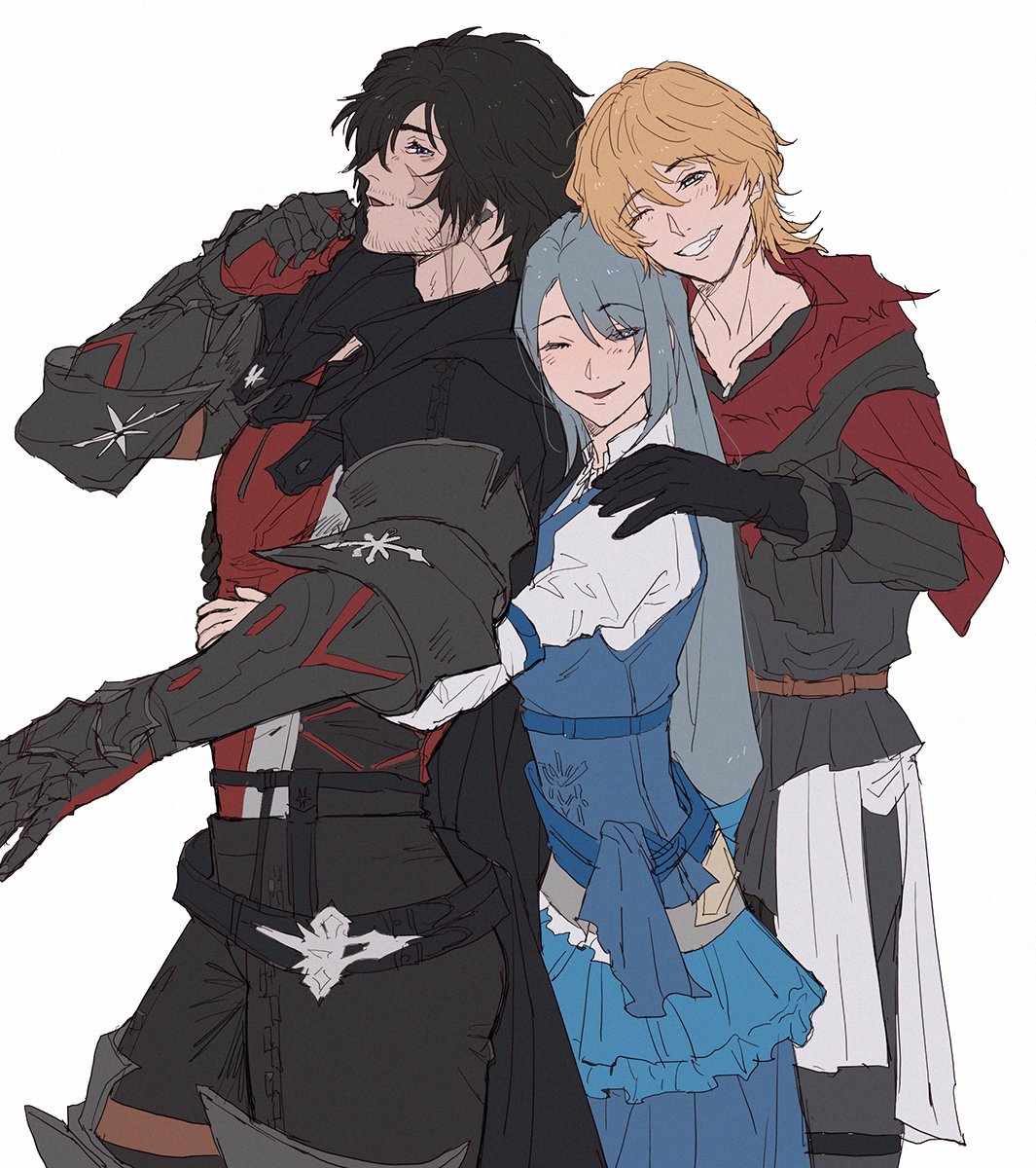 Safebooru - 1girl 2boys armor black cloak black gloves black hair black pants black shirt blonde ...