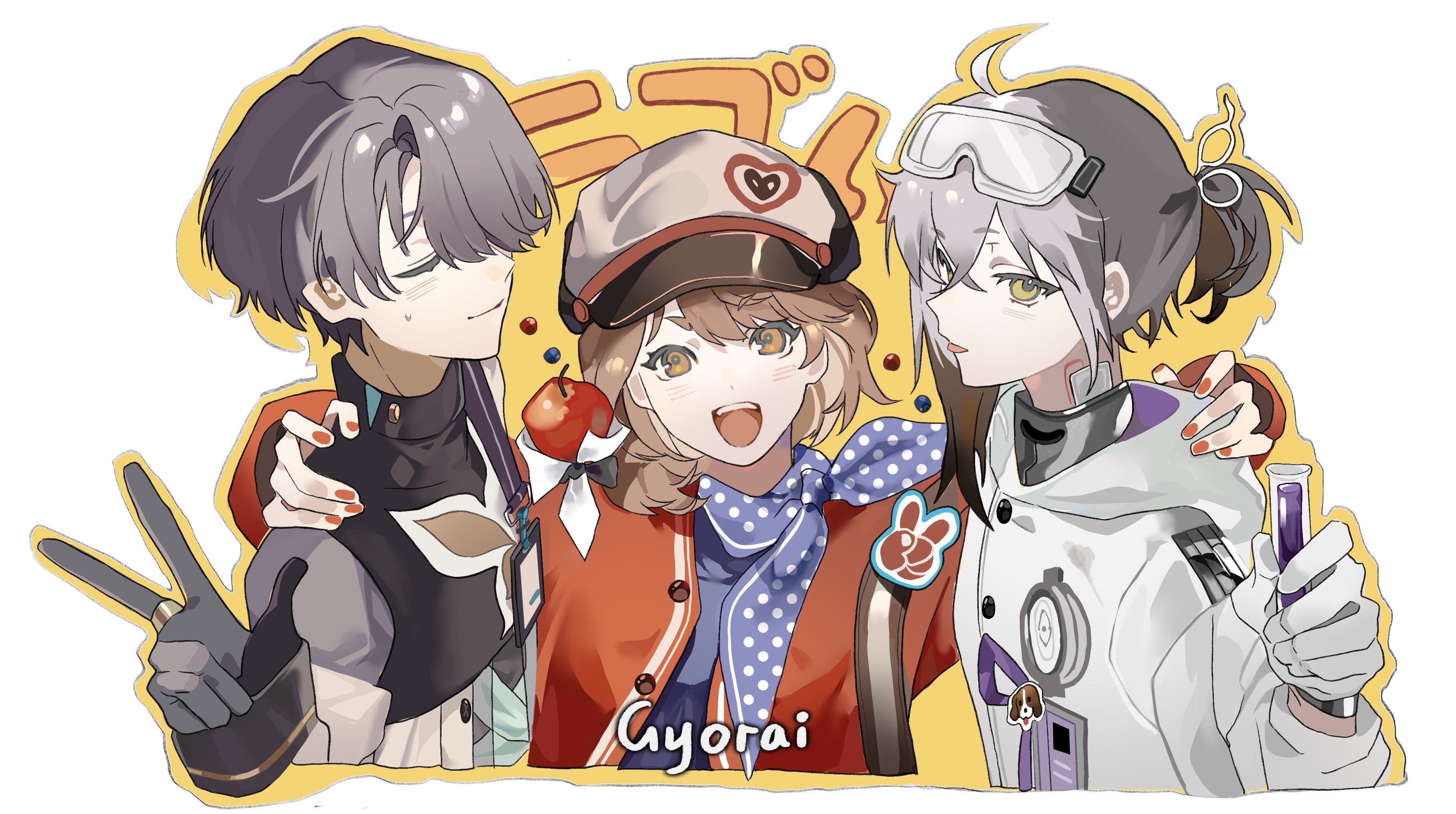 Safebooru - 1boy 1girl 1other :d absurdres apple apple (reverse:1999 ...