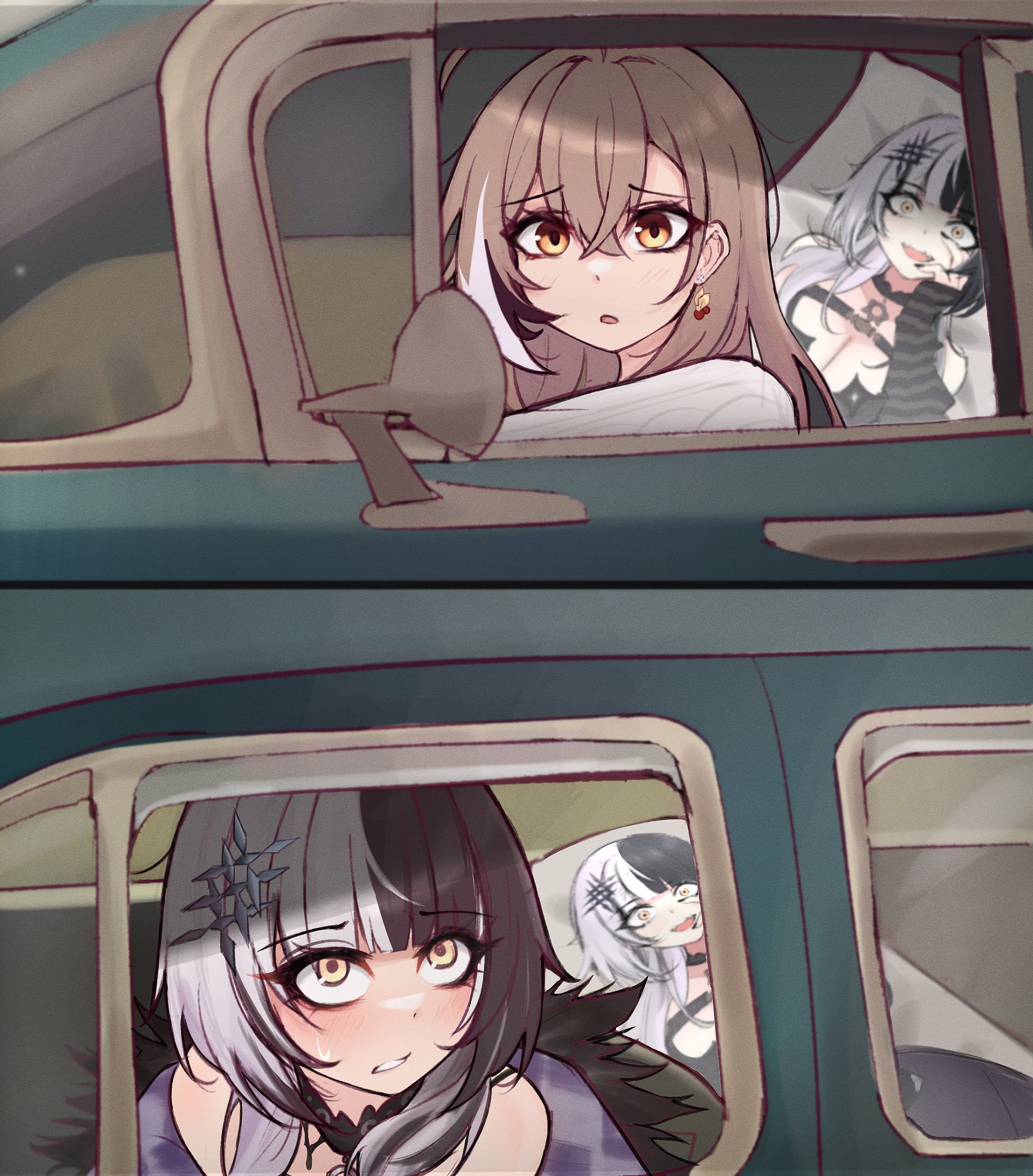 Safebooru - 2girls ahoge black hair brown eyes brown hair car ...