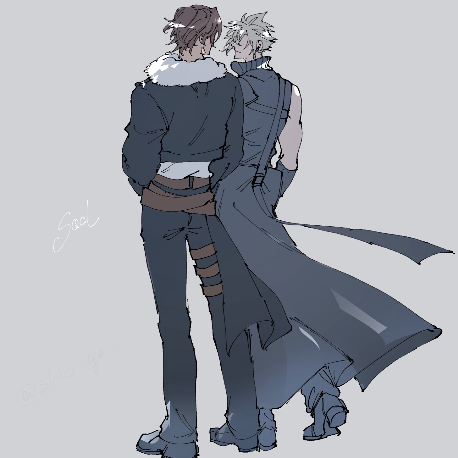 Safebooru - 2boys belt black footwear black jacket black pants blonde hair boots brown hair ...