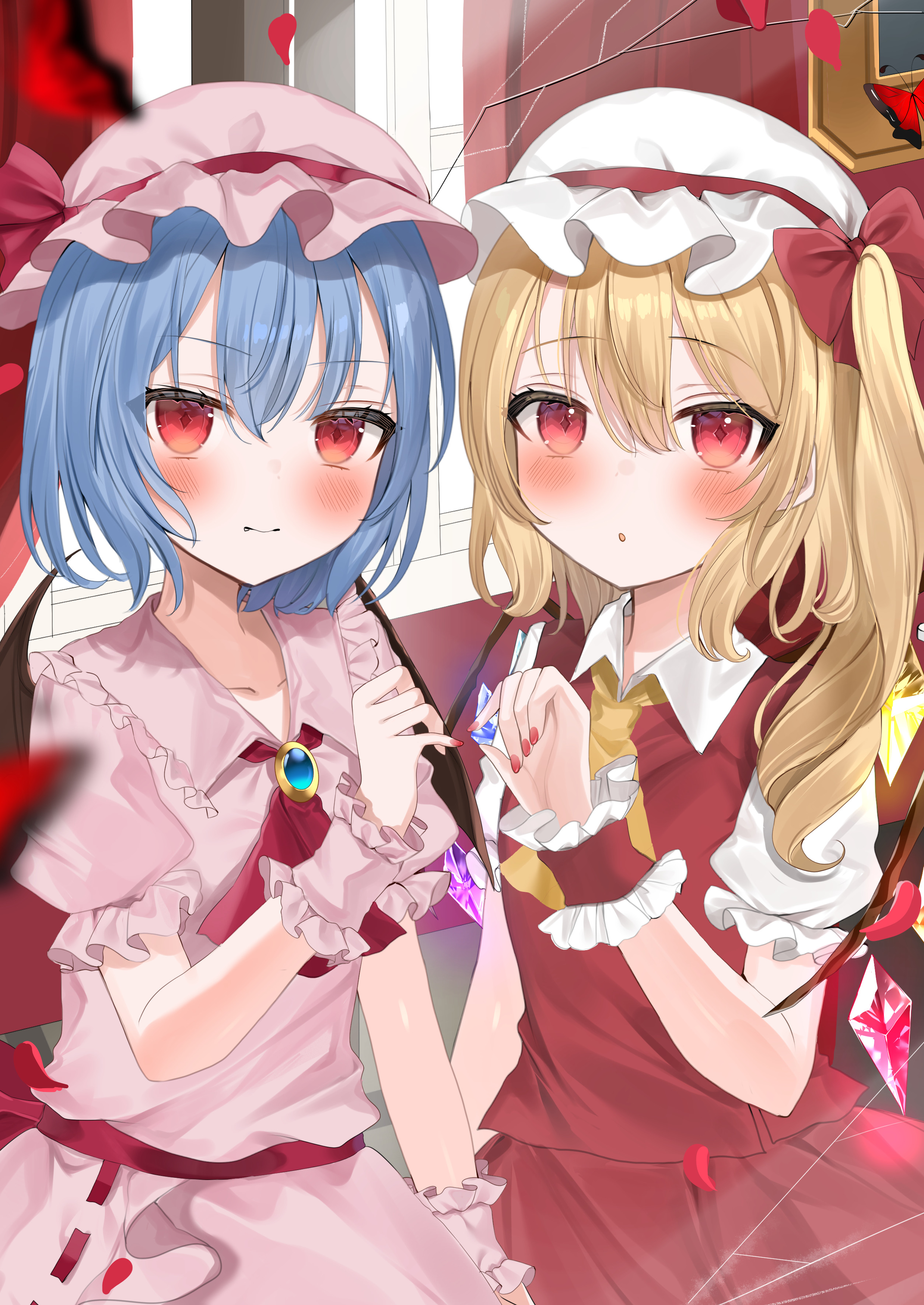 Safebooru - 2girls :o absurdres bat wings blonde hair blue hair bug butterfly dress falling ...