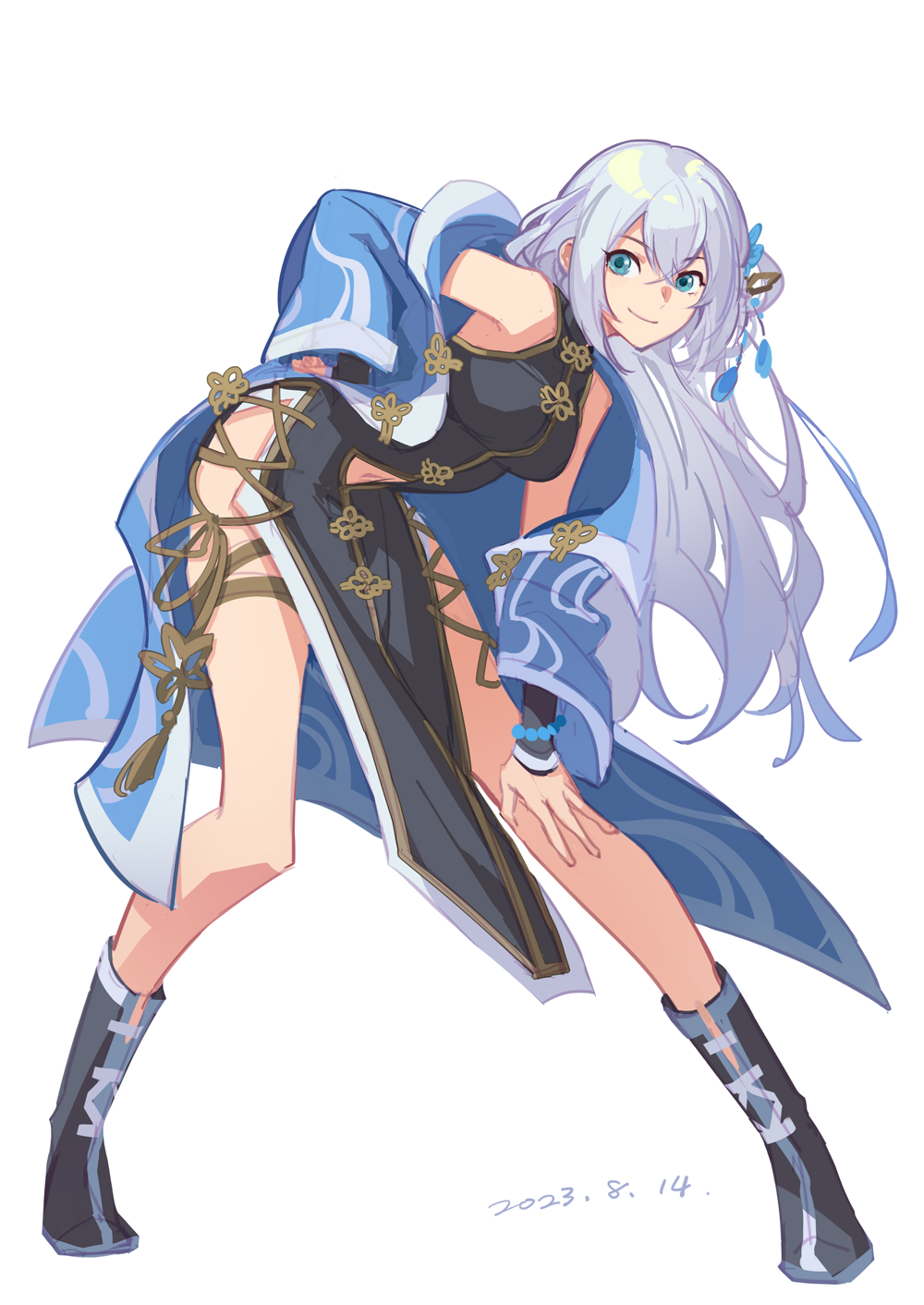 Safebooru - 1girl bare shoulders beads blue eyes boots china dress chinese clothes dated double ...