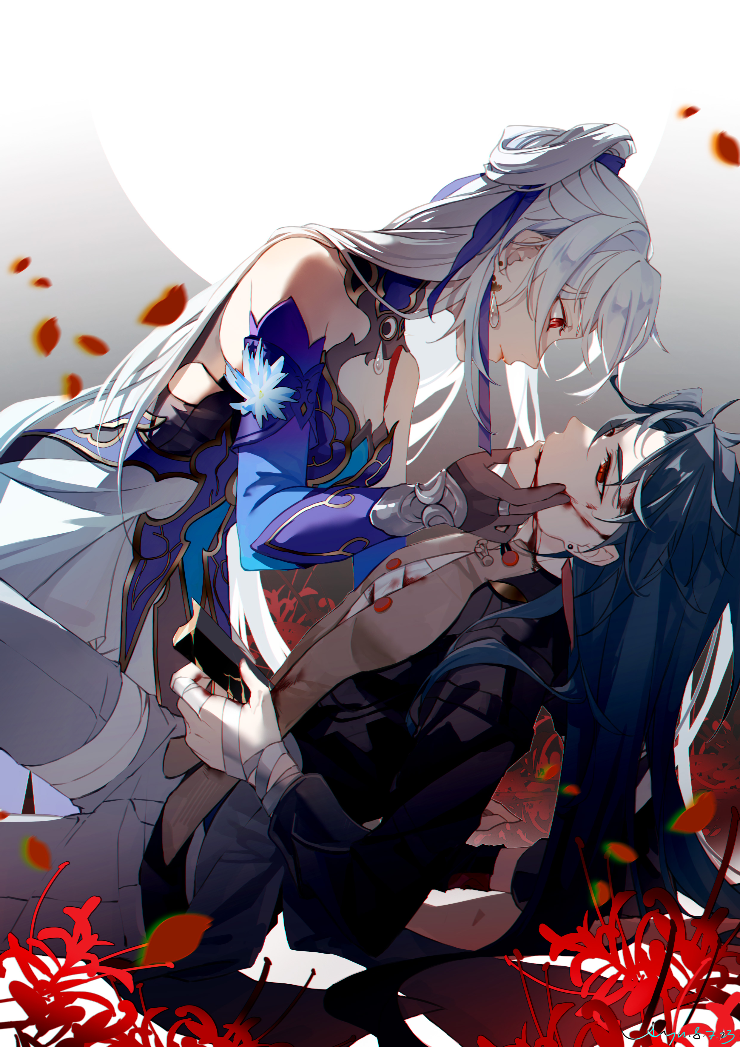 Safebooru - 1boy 1girl absurdres arm support bandaged hand bandages bare shoulders black sleeves ...