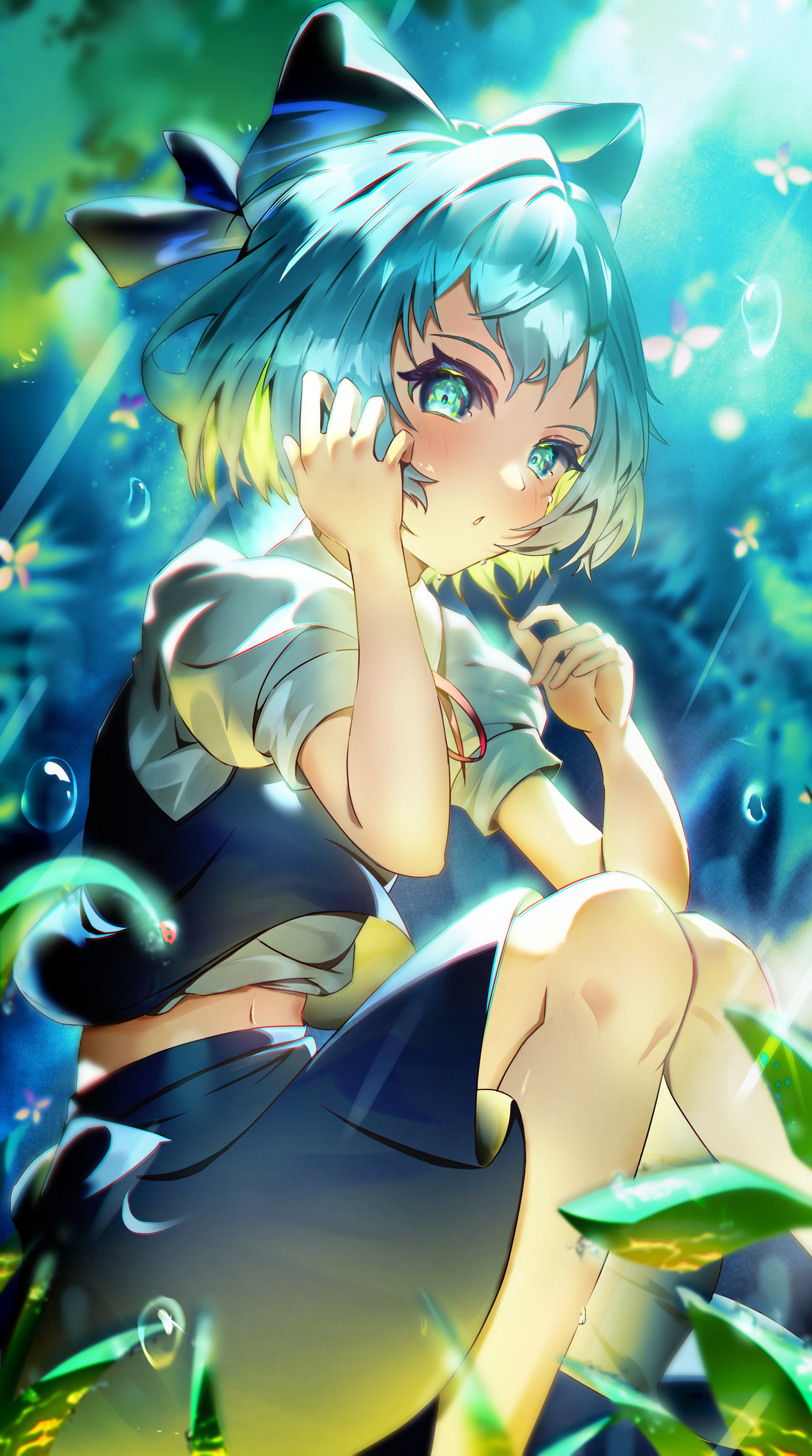 Safebooru - 1girl absurdres blue bow blue eyes blue hair blue skirt blue sky blue vest blurry ...