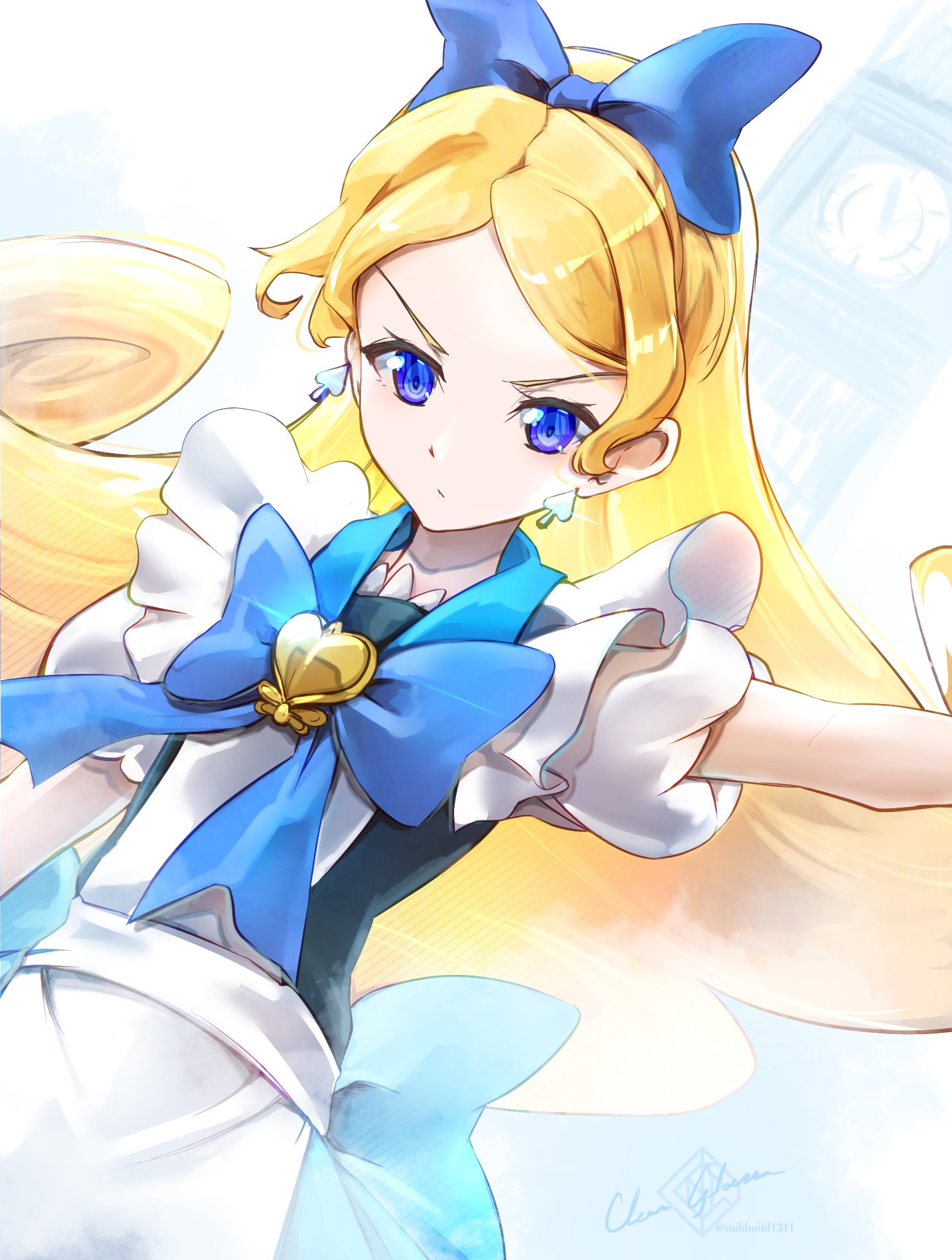 Safebooru - 1girl apron blonde hair blue background blue bow blue eyes bow brooch clear glass ...