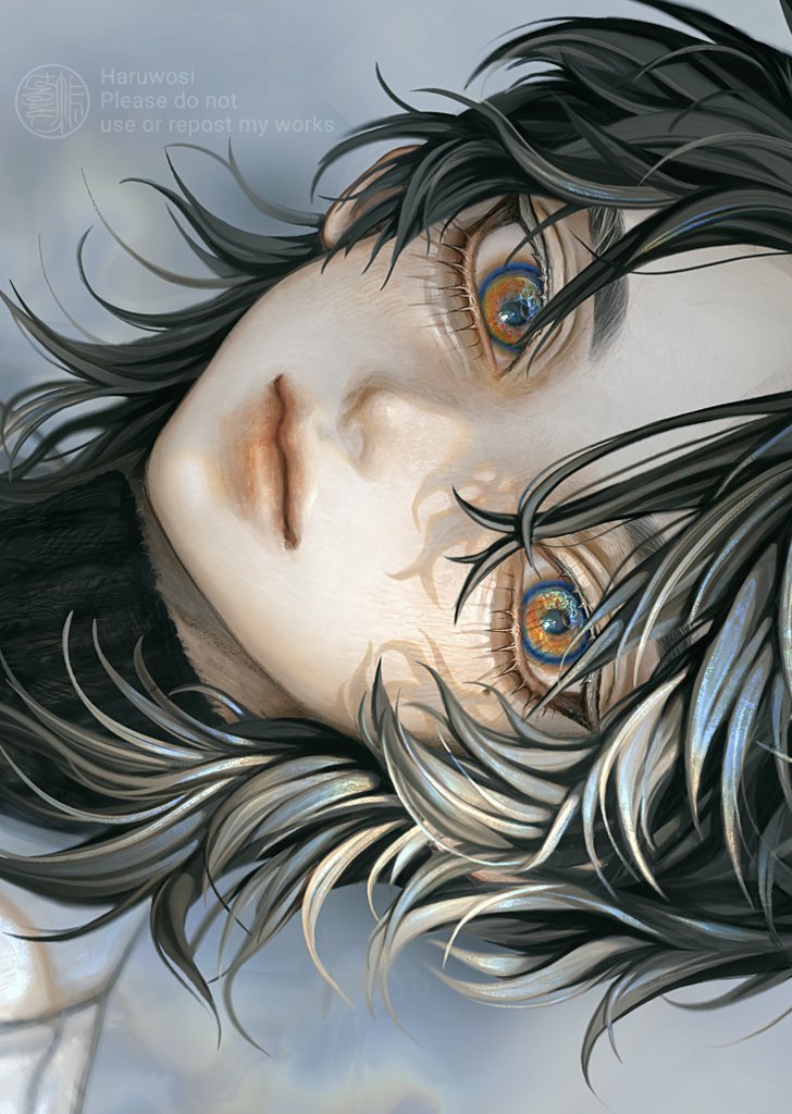 Safebooru - 1boy artist name black hair brown eyes close-up closed mouth eyelashes gradient ...