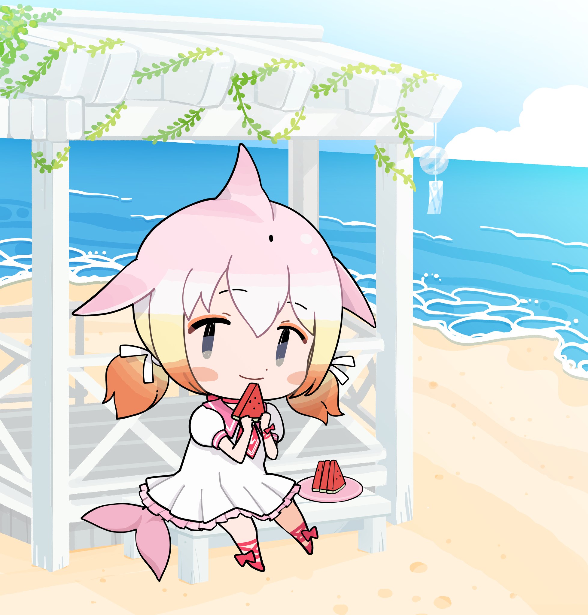 Safebooru - 1girl beach black eyes cetacean tail chinese white dolphin ...