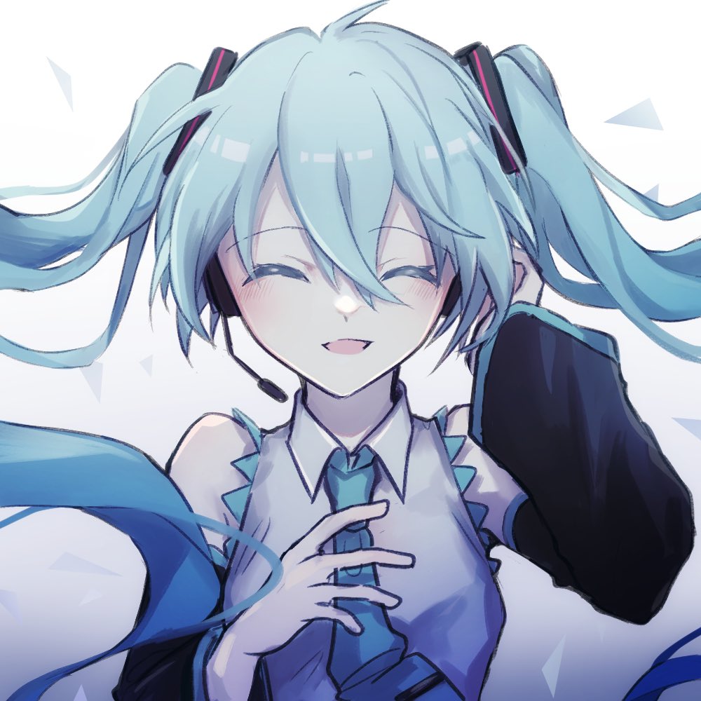 Safebooru - 1girl aqua hair aqua necktie bare shoulders closed eyes commentary detached sleeves ...