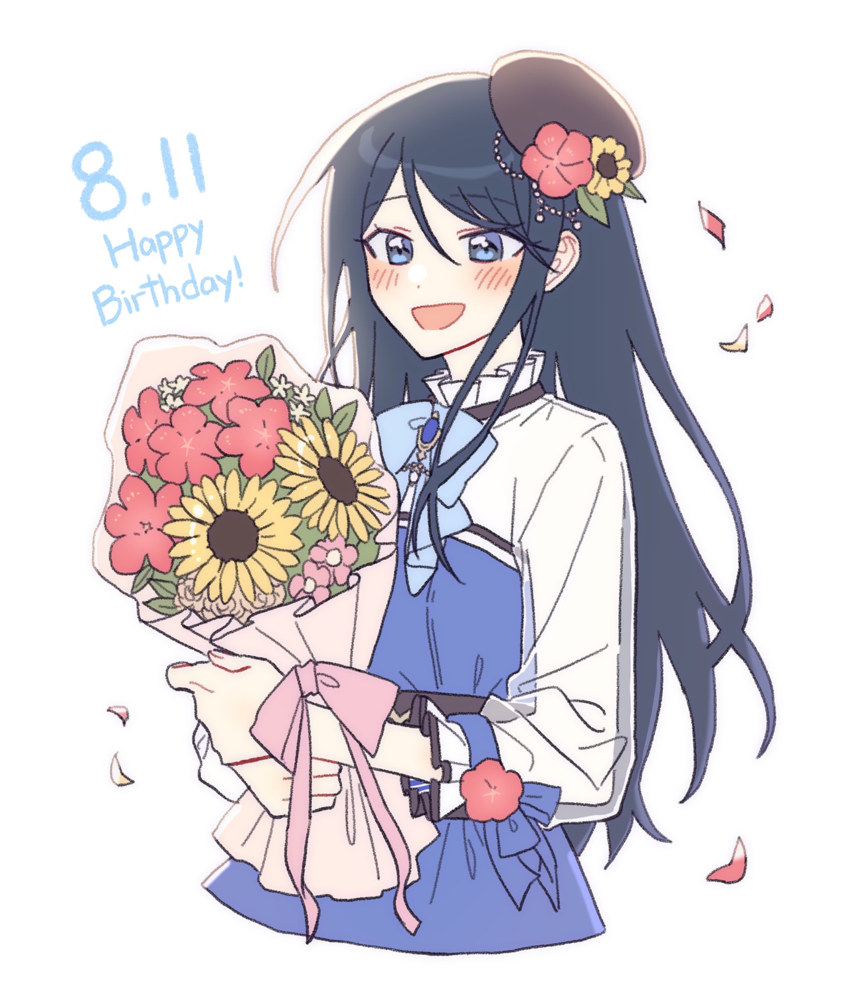 Safebooru - 1girl black hair blue eyes blush bouquet bow brown headwear cocov commentary request ...