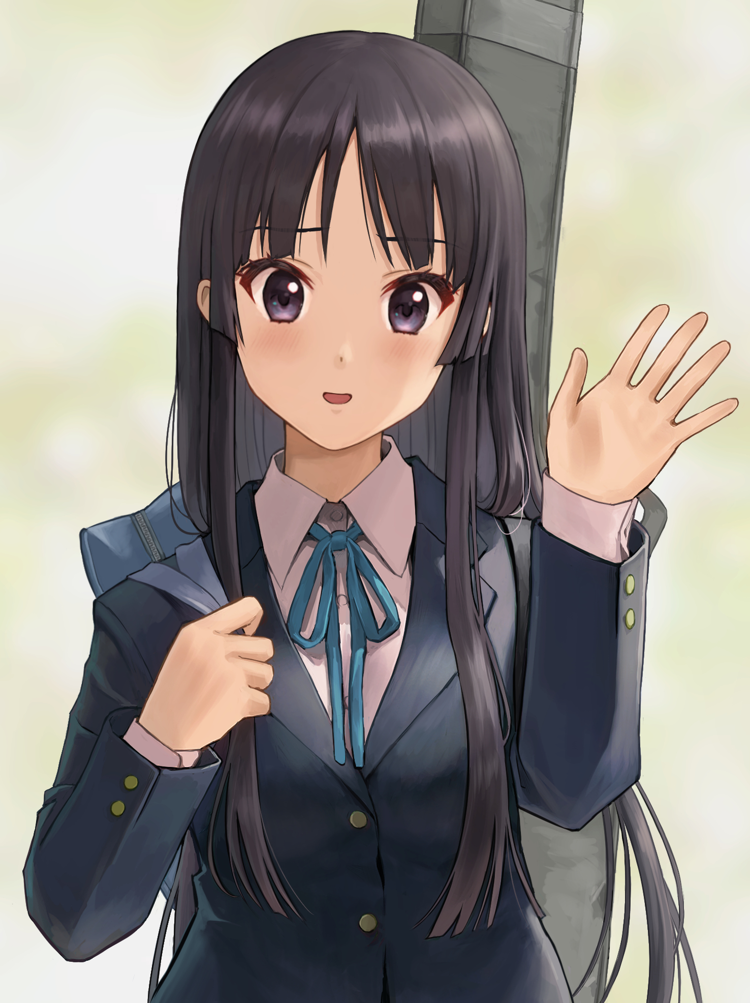 Safebooru - 1girl akiyama mio bag black eyes black hair blue jacket blue ribbon collared shirt ...
