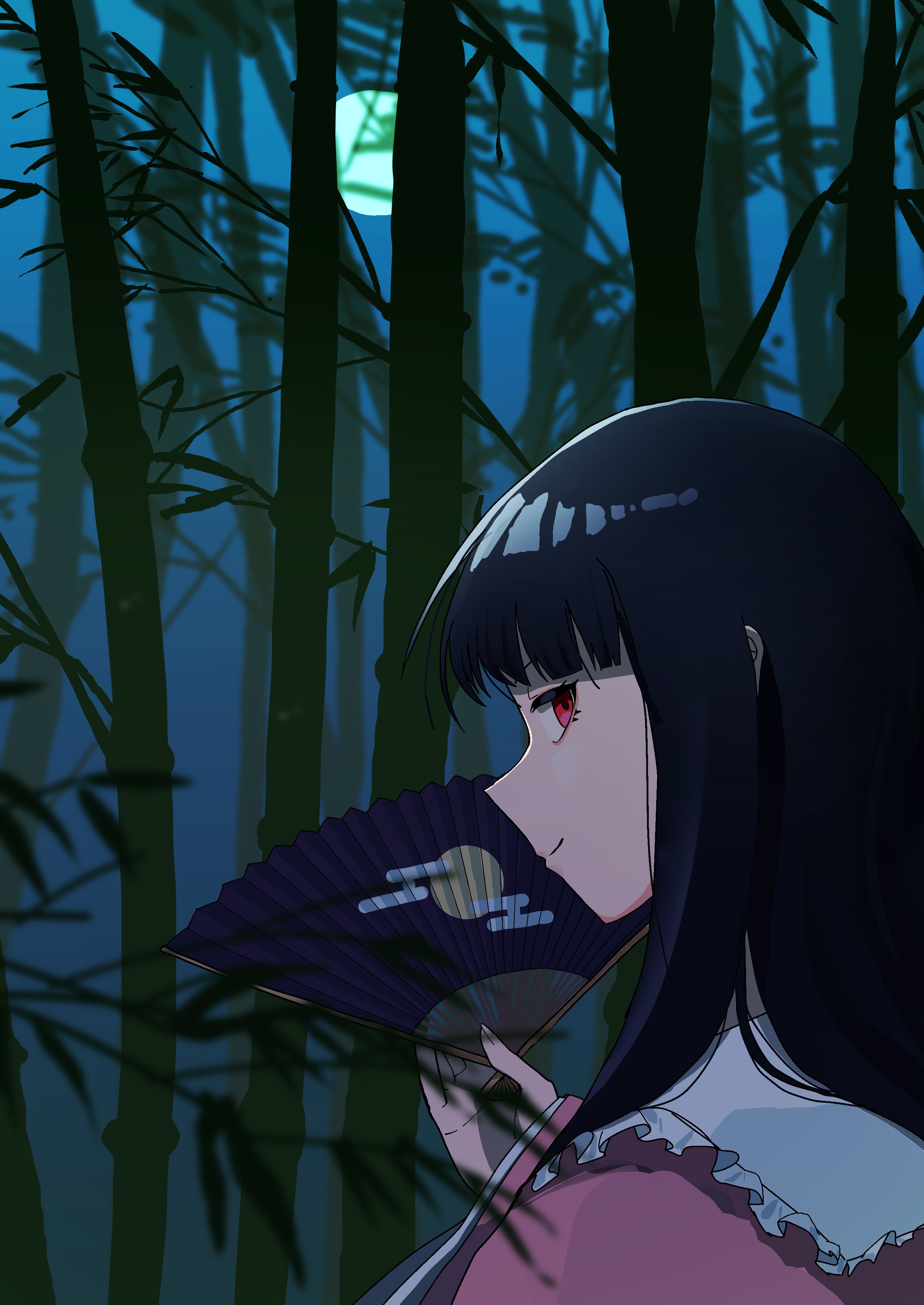 Safebooru - 1girl absurdres bamboo bamboo forest black hair blunt bangs forest full moon hand ...