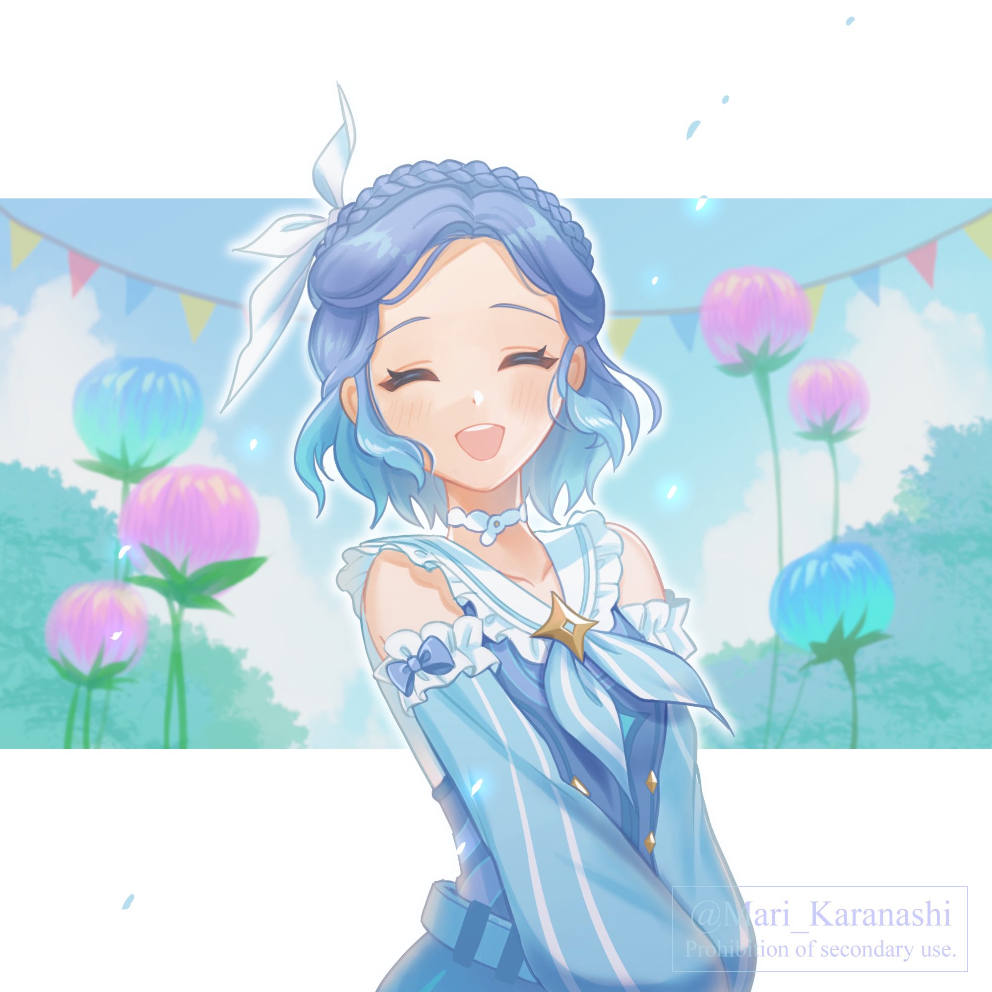 Safebooru - 1girl :d ^ ^ artist name belt blue belt blue bow blue flower blue hair blue ribbon ...