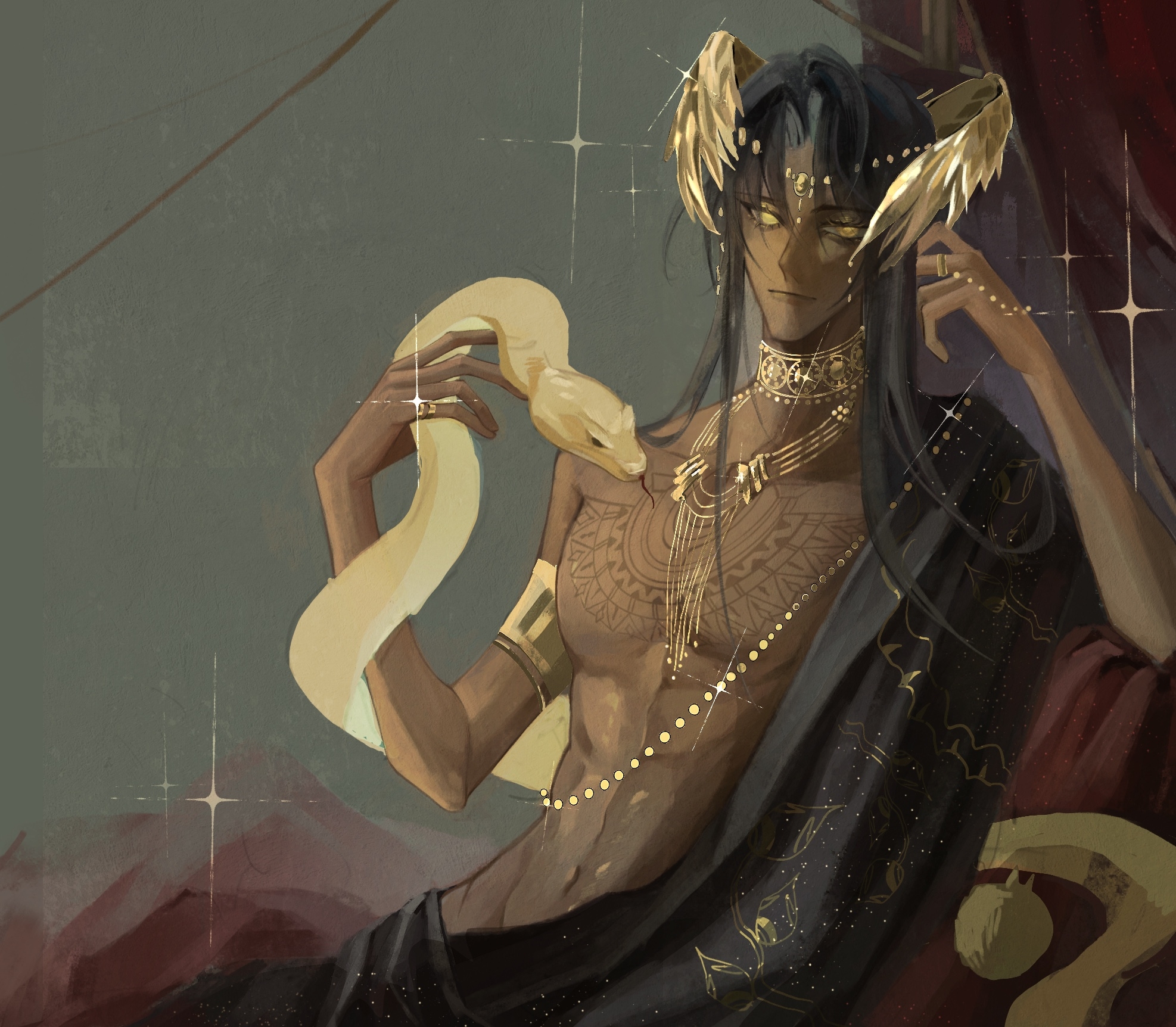 Safebooru - 1boy animal azik eggers bare pectorals black hair chinese commentary choker ...