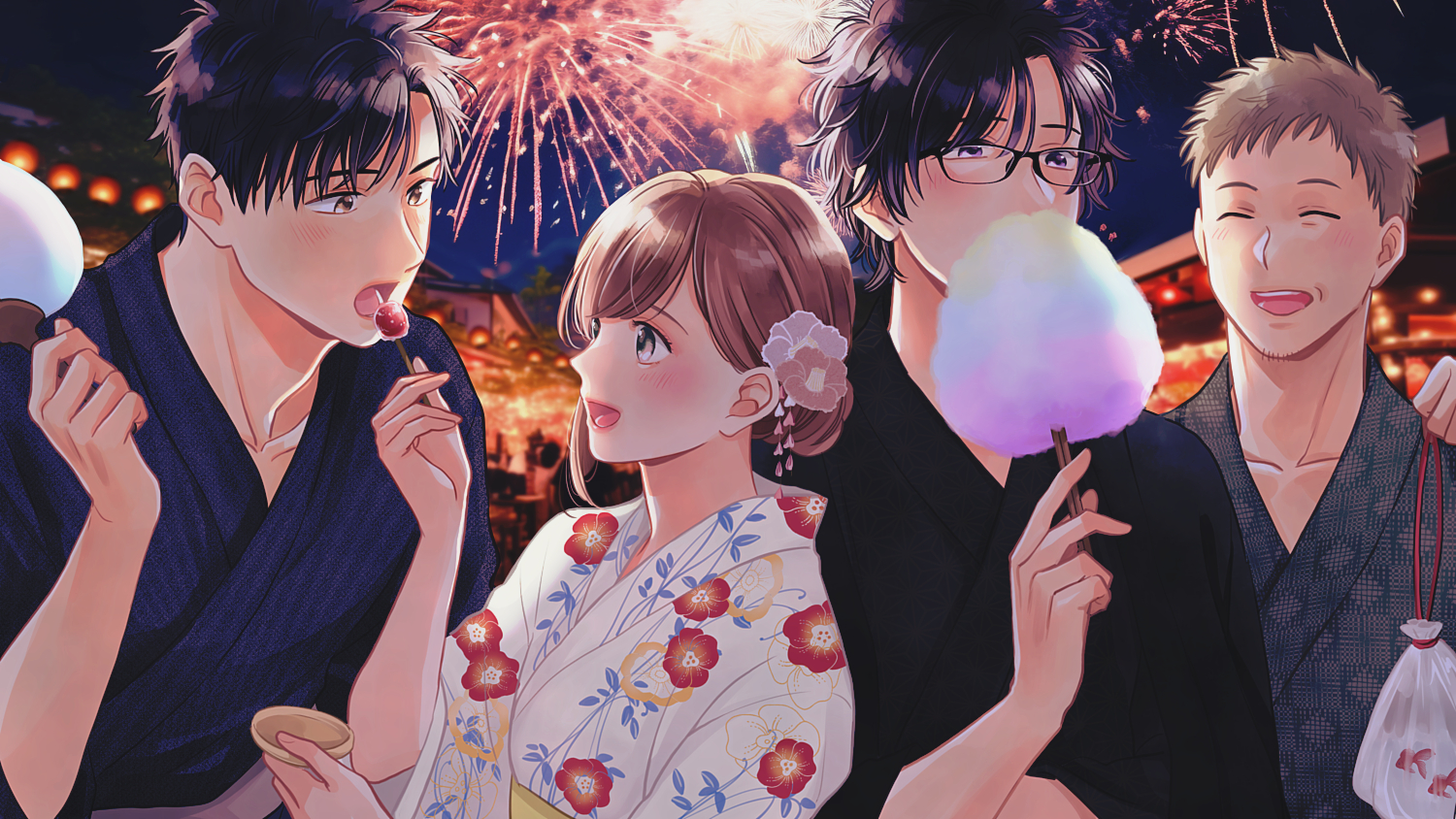 Safebooru - 1girl 3boys :d aerial fireworks akiyama momiji bag bagged fish black kimono brown ...