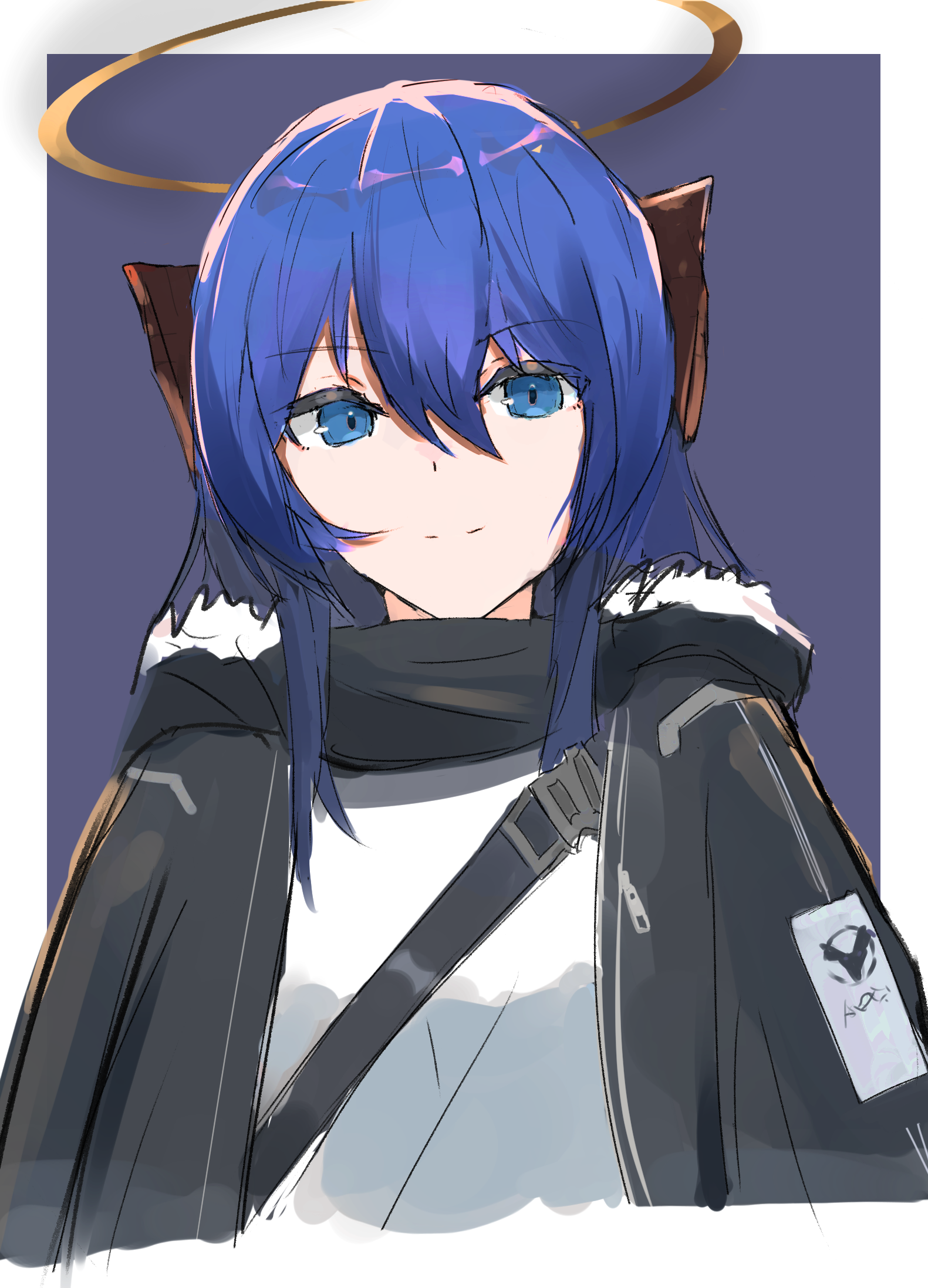 Safebooru - 1girl arknights black jacket blue eyes blue hair cropped torso fur-trimmed hood fur ...