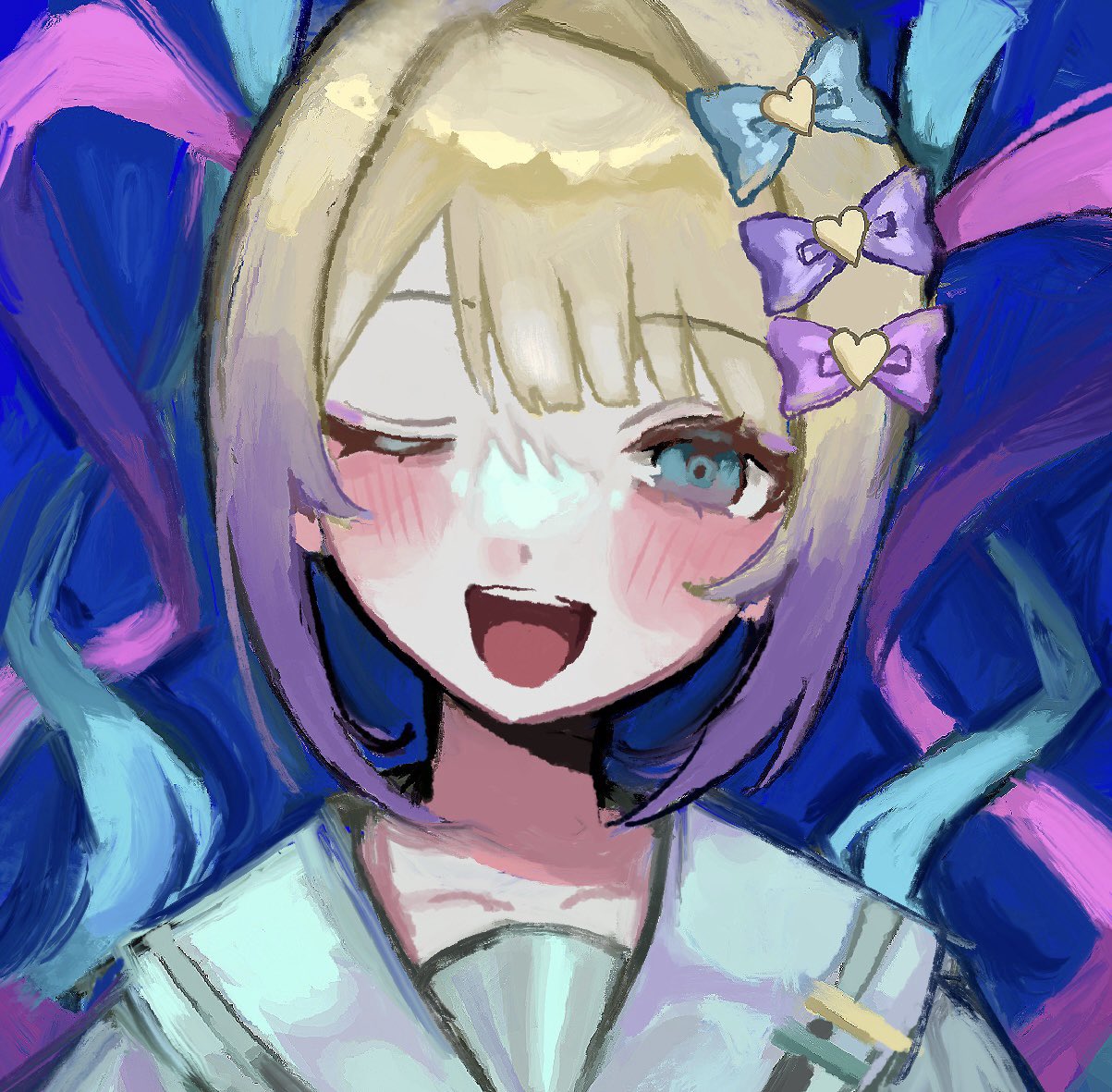 Safebooru - 1girl amn (a0ko1) blonde hair blue background blue bow blue eyes blue hair blue ...