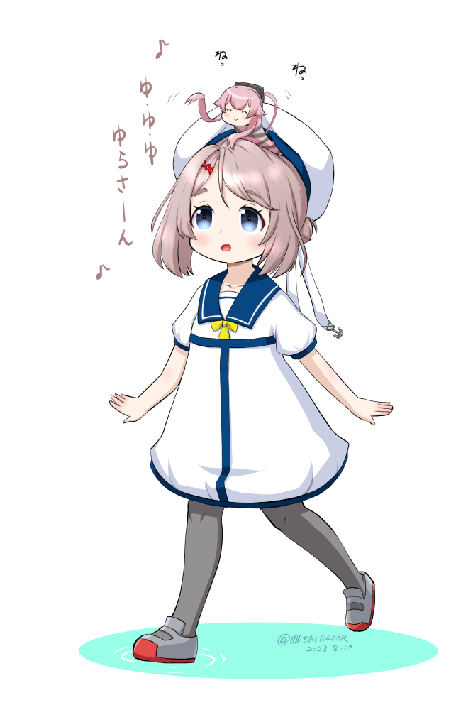 Safebooru - 1girl black pantyhose blue sailor collar bow creature on head dress grey eyes grey ...