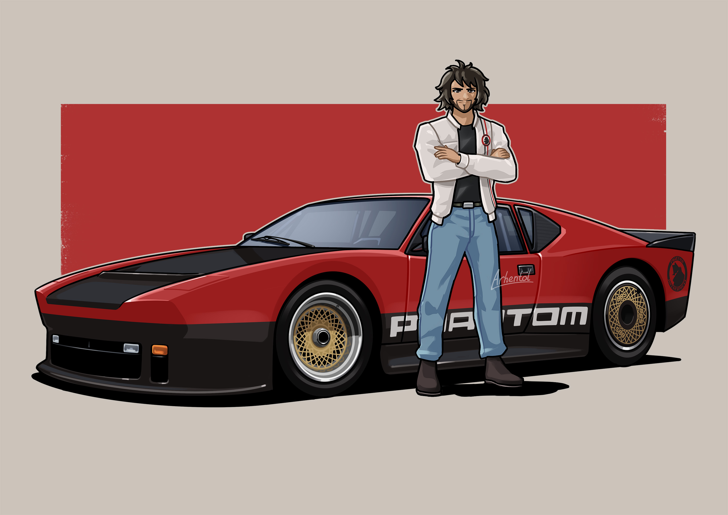 Safebooru - 1boy arhentol artist name black footwear black hair black shirt blue pants car ...