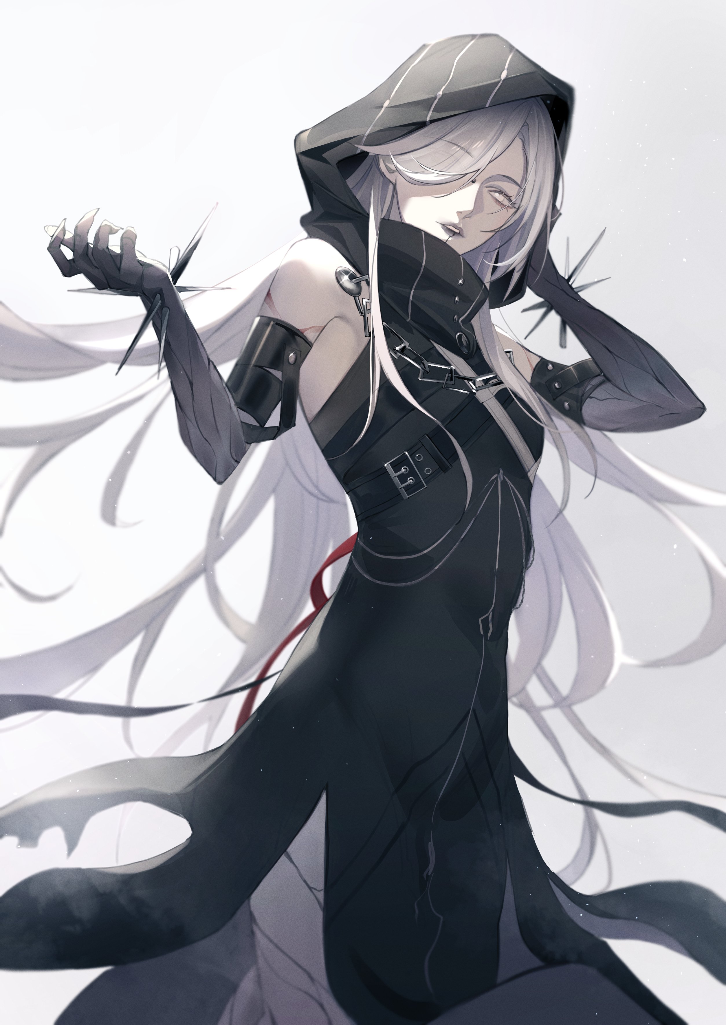 Safebooru - 1girl absurdres arm behind head belt black belt black dress black gloves black hood ...