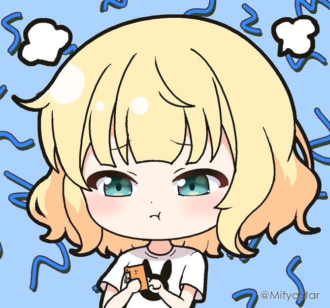 Safebooru - 1girl :t animal print blonde hair blue background blush cellphone cellphone charm ...