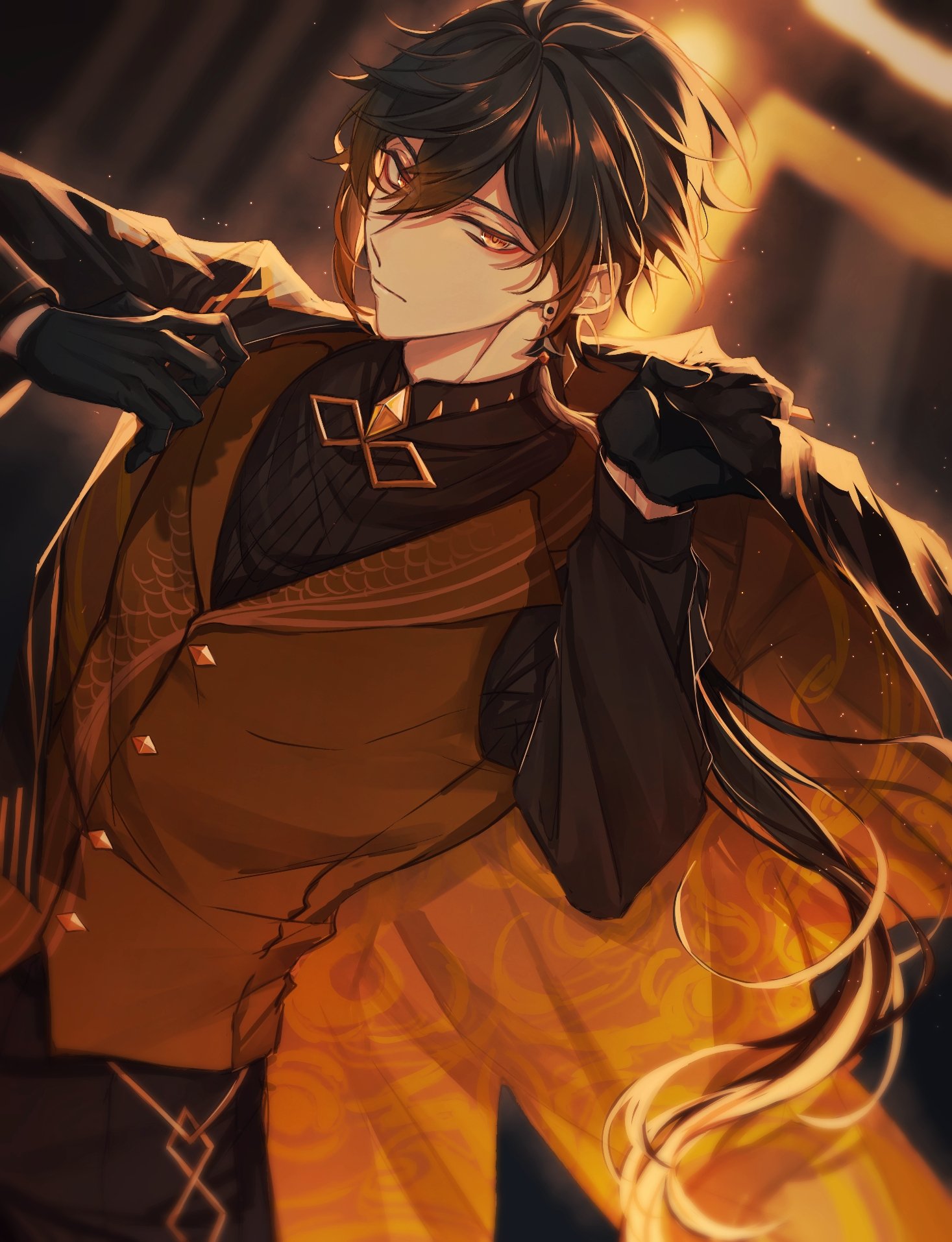 Safebooru - 1boy antenna hair black gloves black hair black jacket black pants black shirt ...