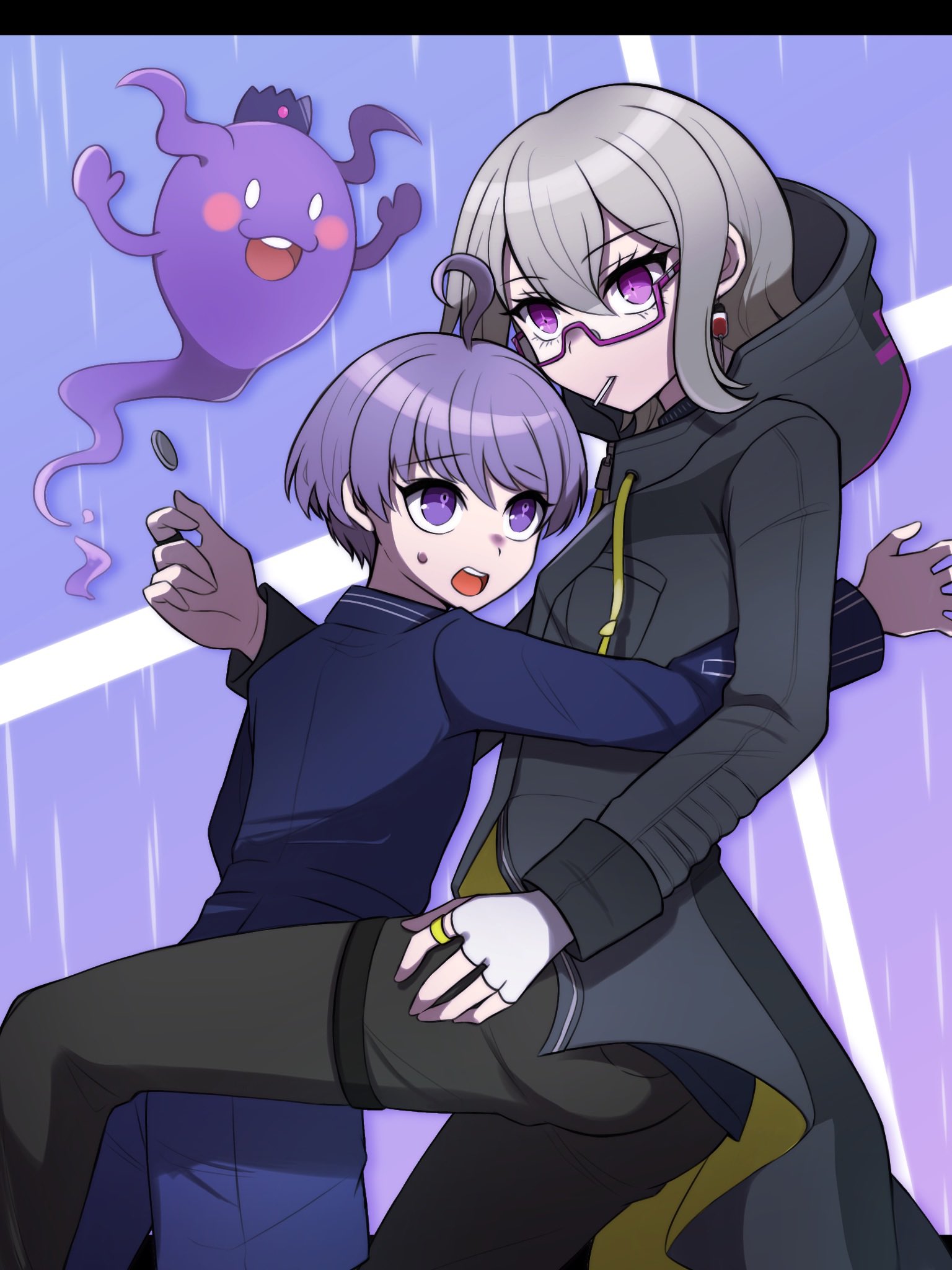 Safebooru - 1boy 1other ahoge black pants blue jacket blush stickers ...