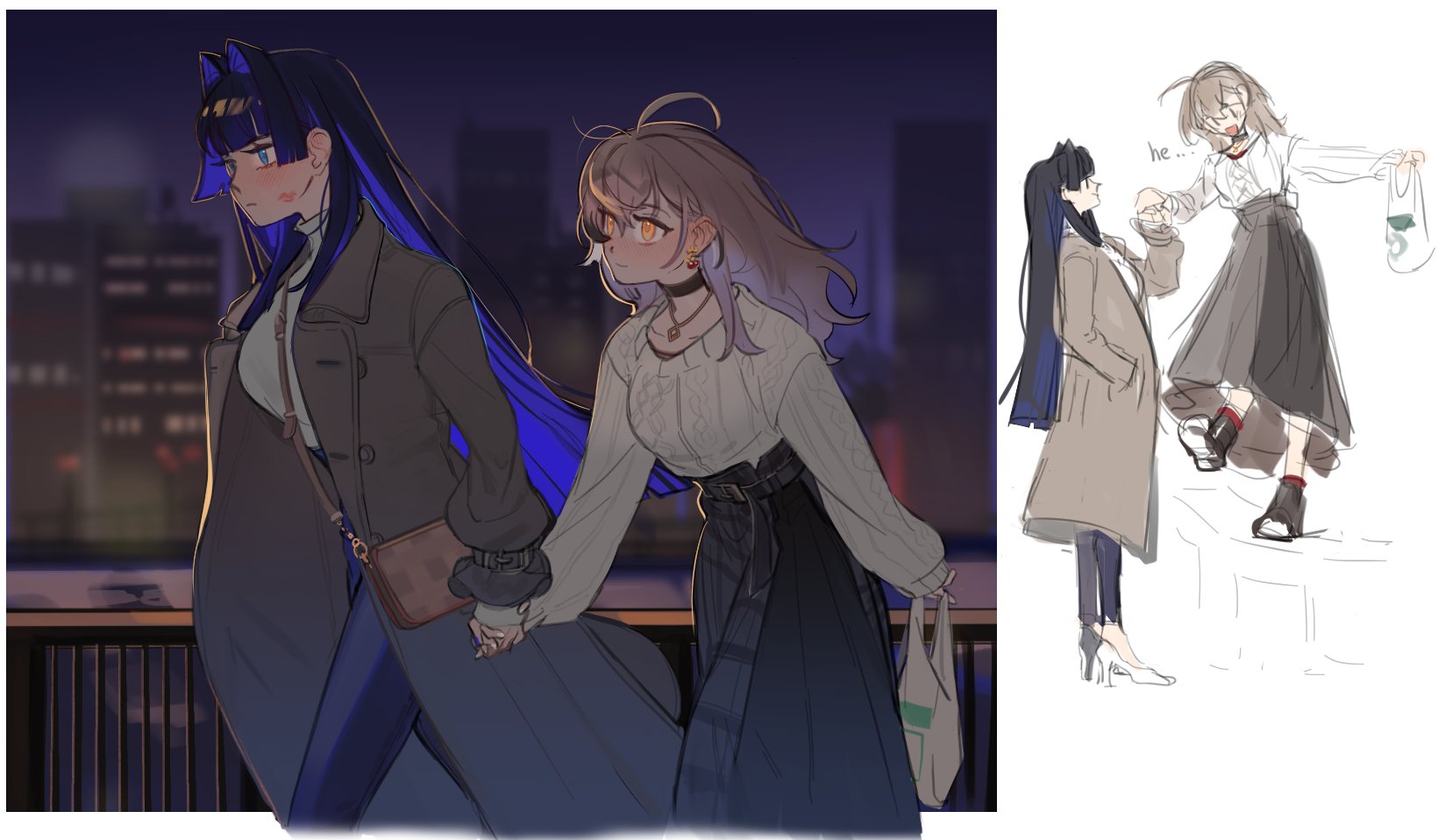 Safebooru - 2girls ahoge bag belt berry black choker blue hair blunt bangs brown coat brown eyes ...