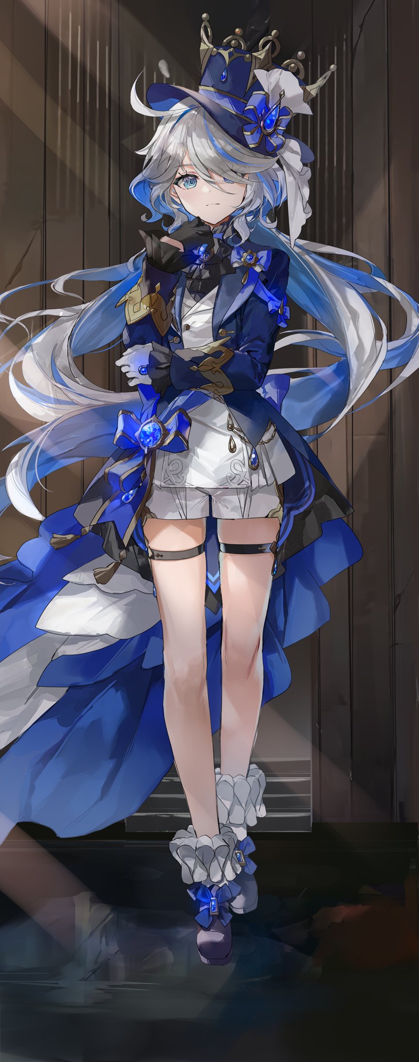 Safebooru - 1girl arm up asymmetrical gloves black footwear black gloves blue bow blue eyes blue ...