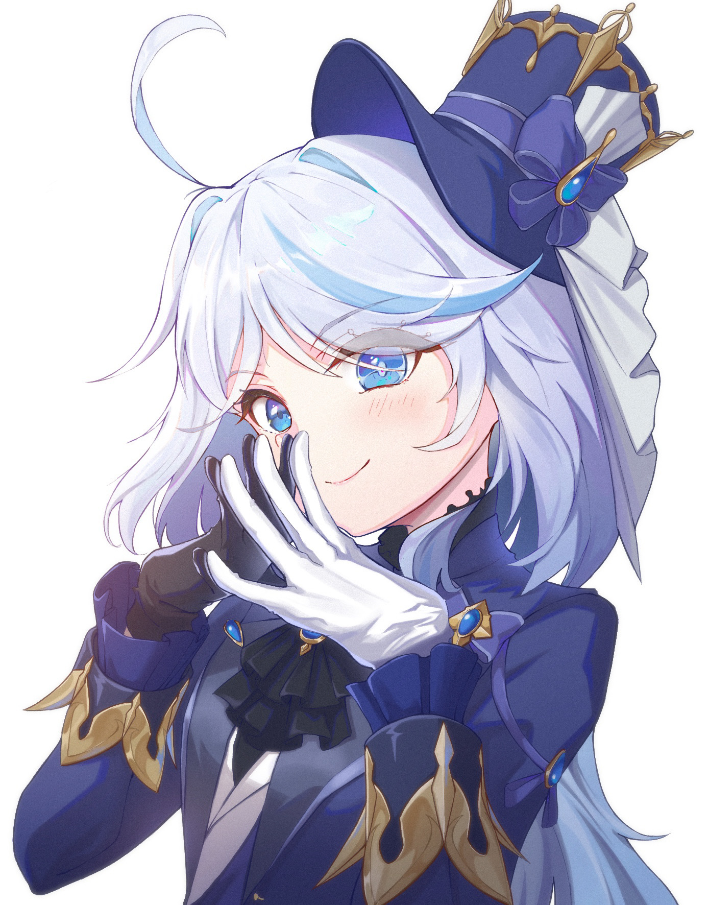 Safebooru - 1girl ahoge ascot asymmetrical gloves black ascot black headwear blue eyes blue ...