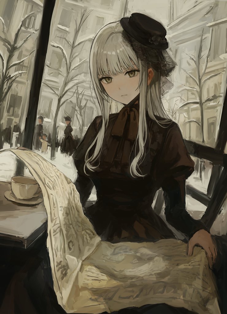 Safebooru - 1girl bare tree black dress black headwear cup dress expressionless funabashi (iwzry ...