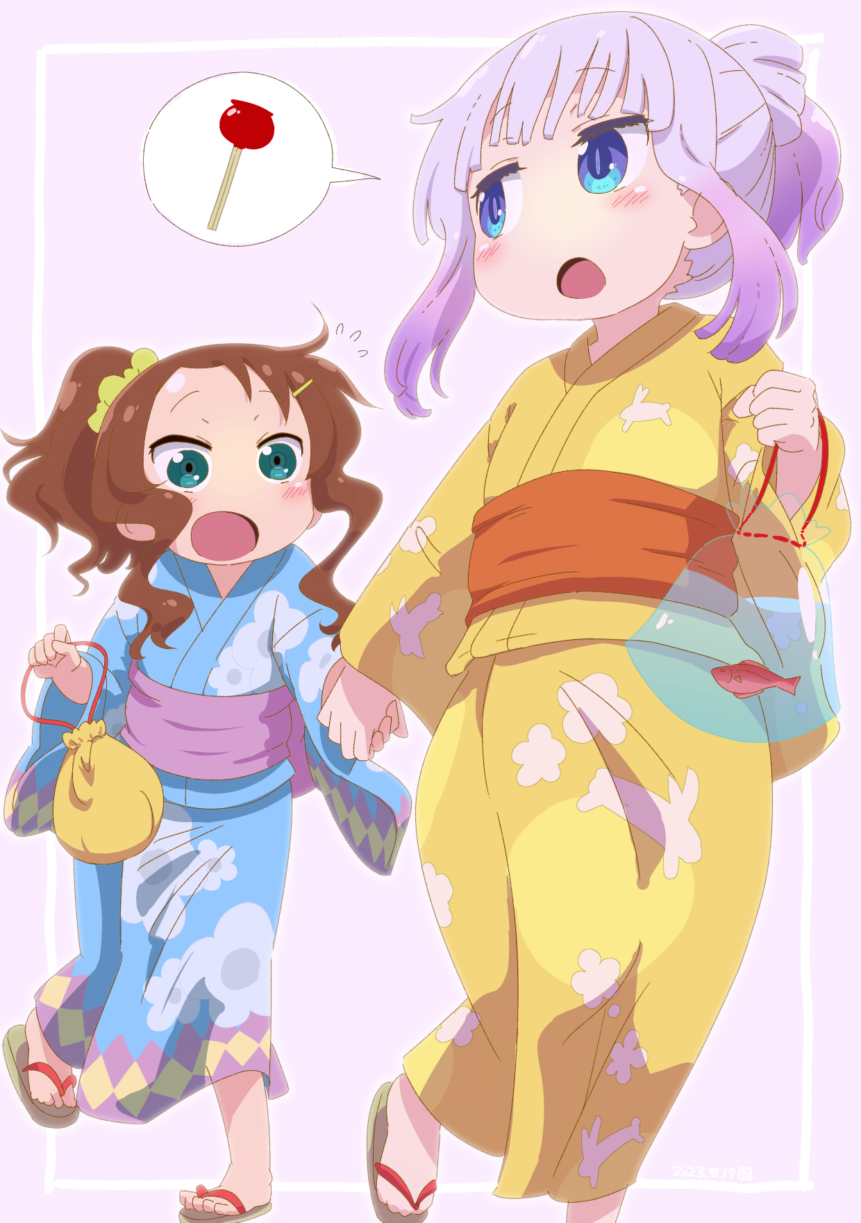 Safebooru - 2girls aqua eyes blue eyes blue kimono blush brown hair candy apple commentary ...