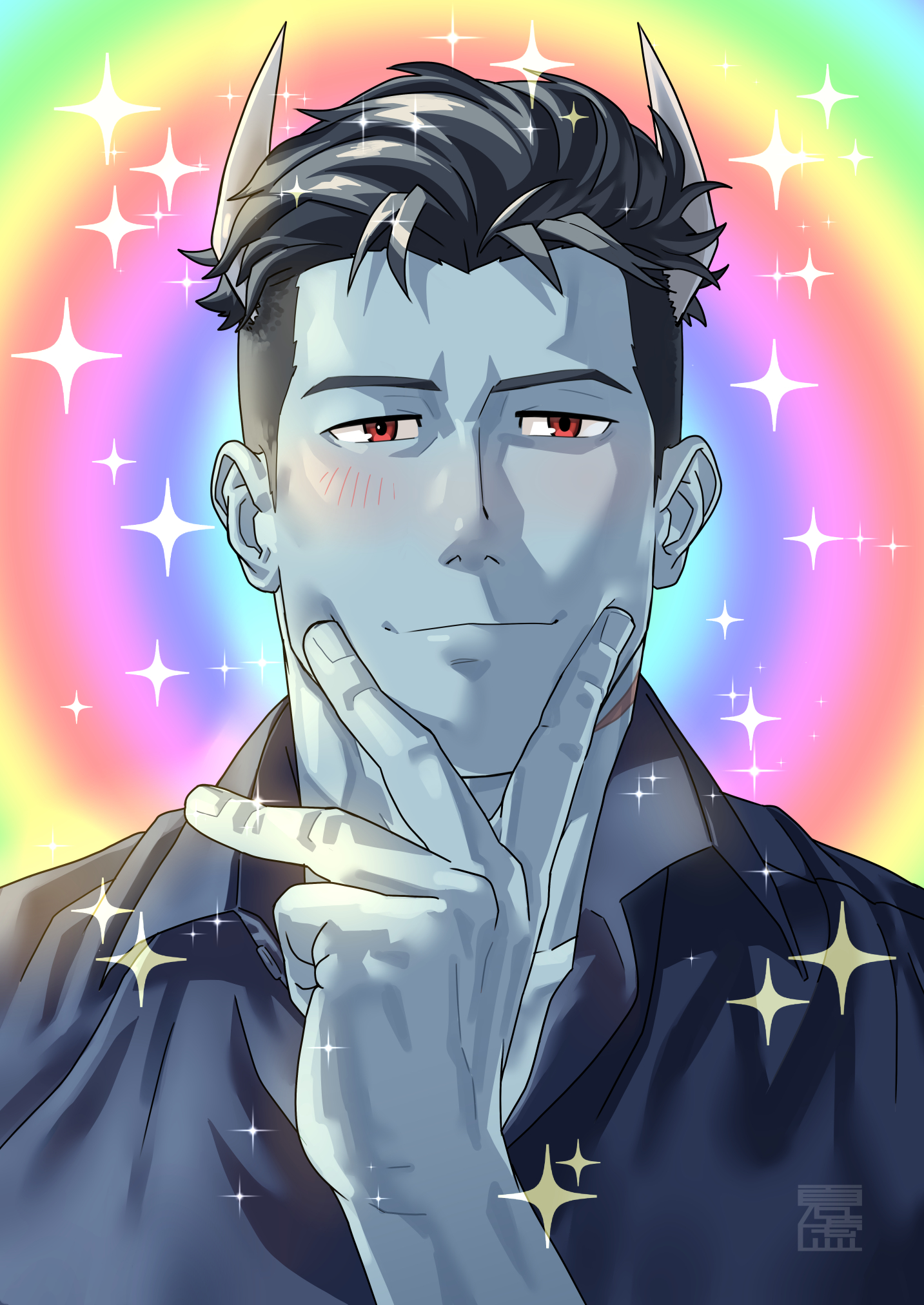 Safebooru - 1boy artist name black hair black shirt blue skin blush closed mouth collared shirt ...