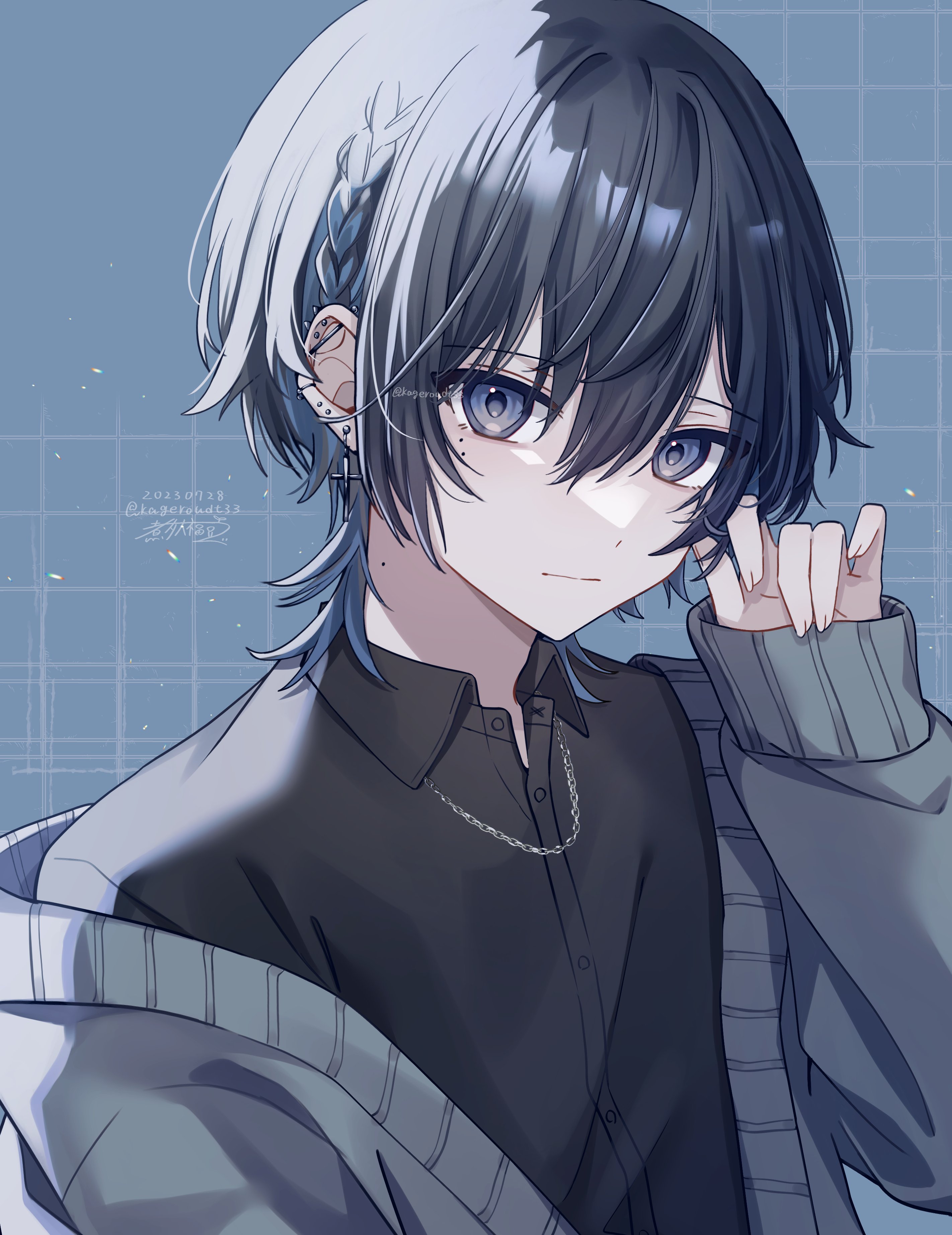 Safebooru - 1boy absurdres black hair black shirt blue background blue hair braid cardigan ...