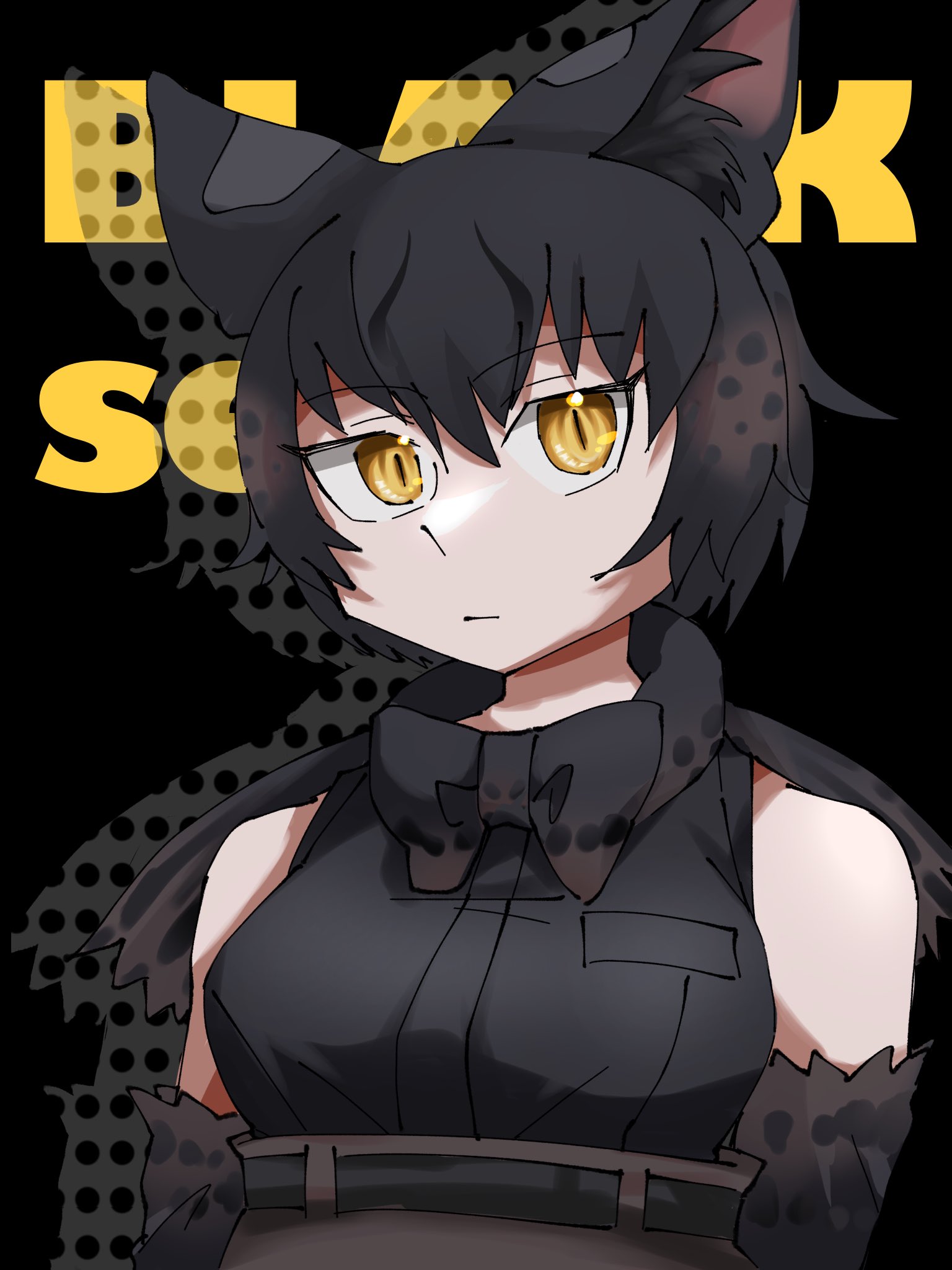 Safebooru - 1girl animal ears bare shoulders belt black background black hair black serval ...