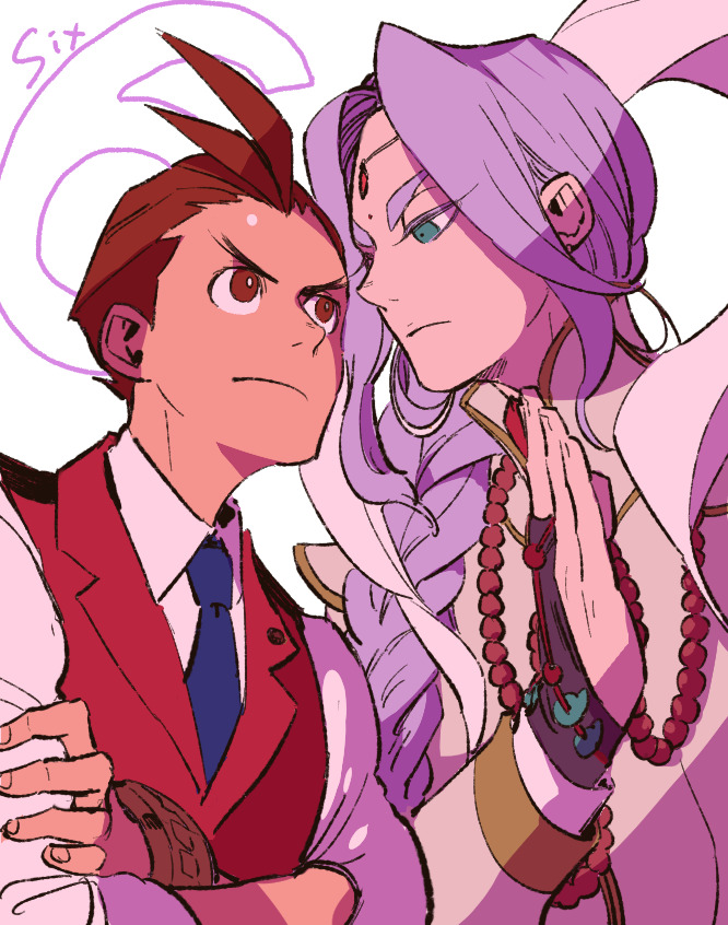 Safebooru - 2boys ace attorney antenna hair apollo justice aqua eyes bead necklace beads blue ...