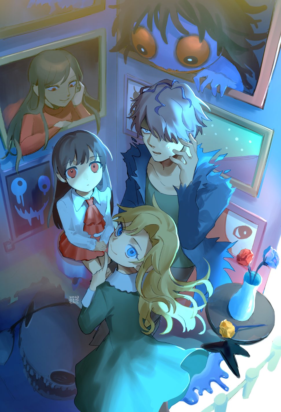 Safebooru - 1boy 3girls blonde hair blue eyes blue flower blue rose brown hair coat doll doll ...