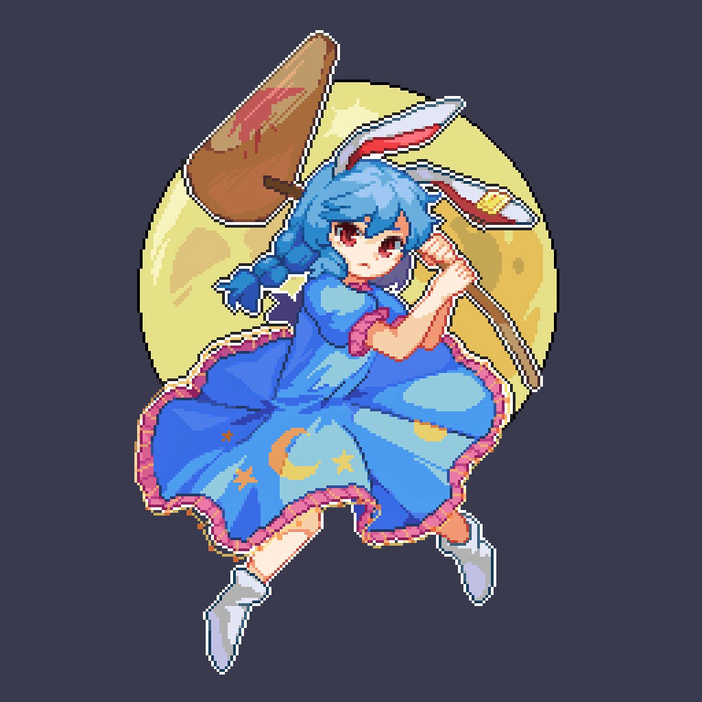 Safebooru - 1girl ambiguous red liquid animal ears black background blue dress blue hair closed ...