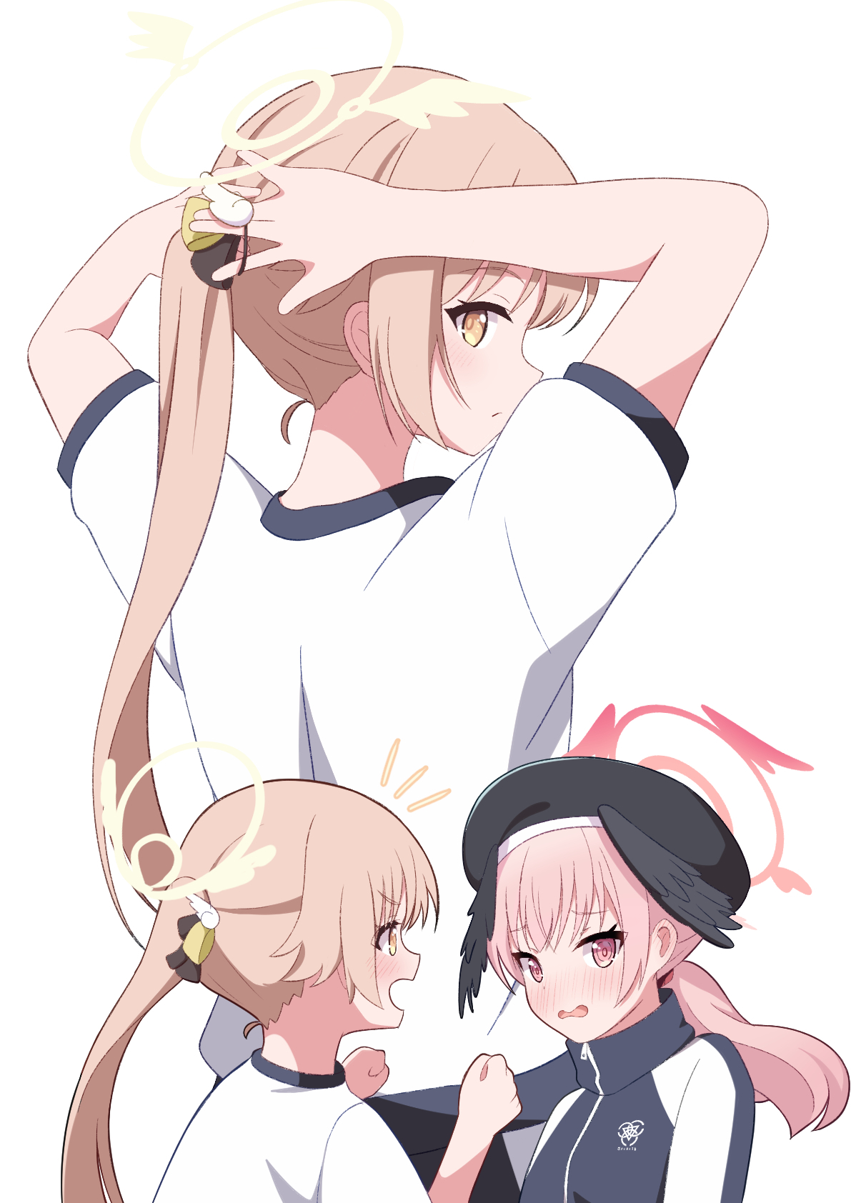Safebooru - 2girls arms up beret black headwear blue archive blush commentary request halo hands ...