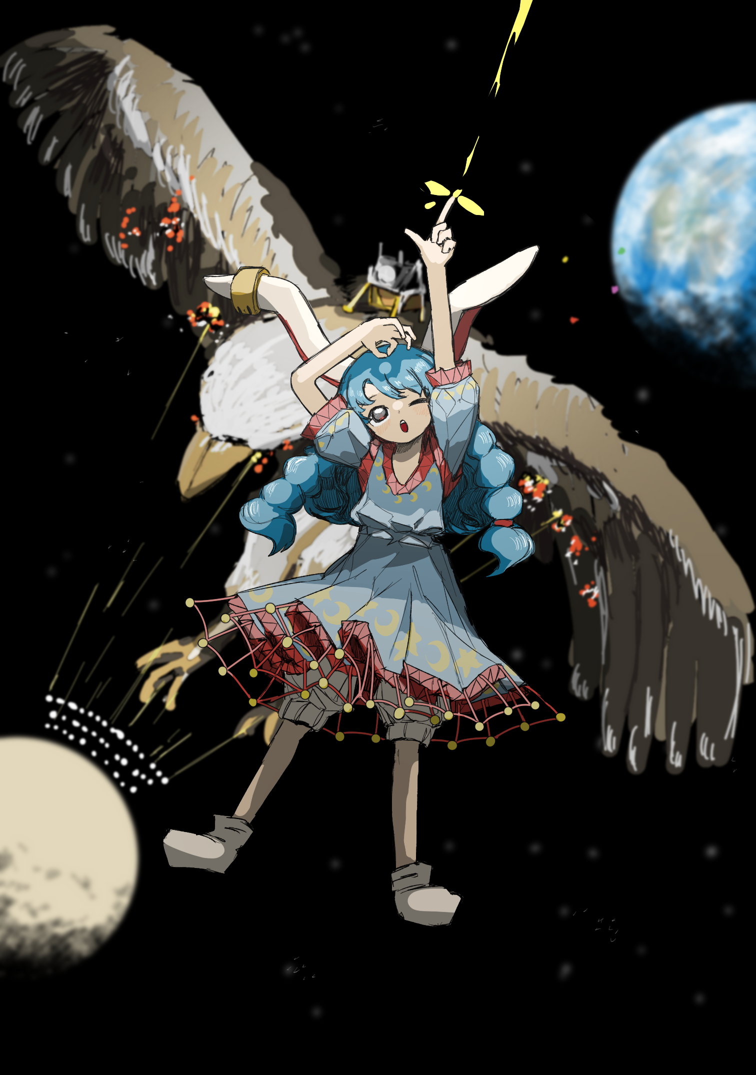 Safebooru - 1girl animal animal ears bird blue dress blue hair crescent print dress eagle ...