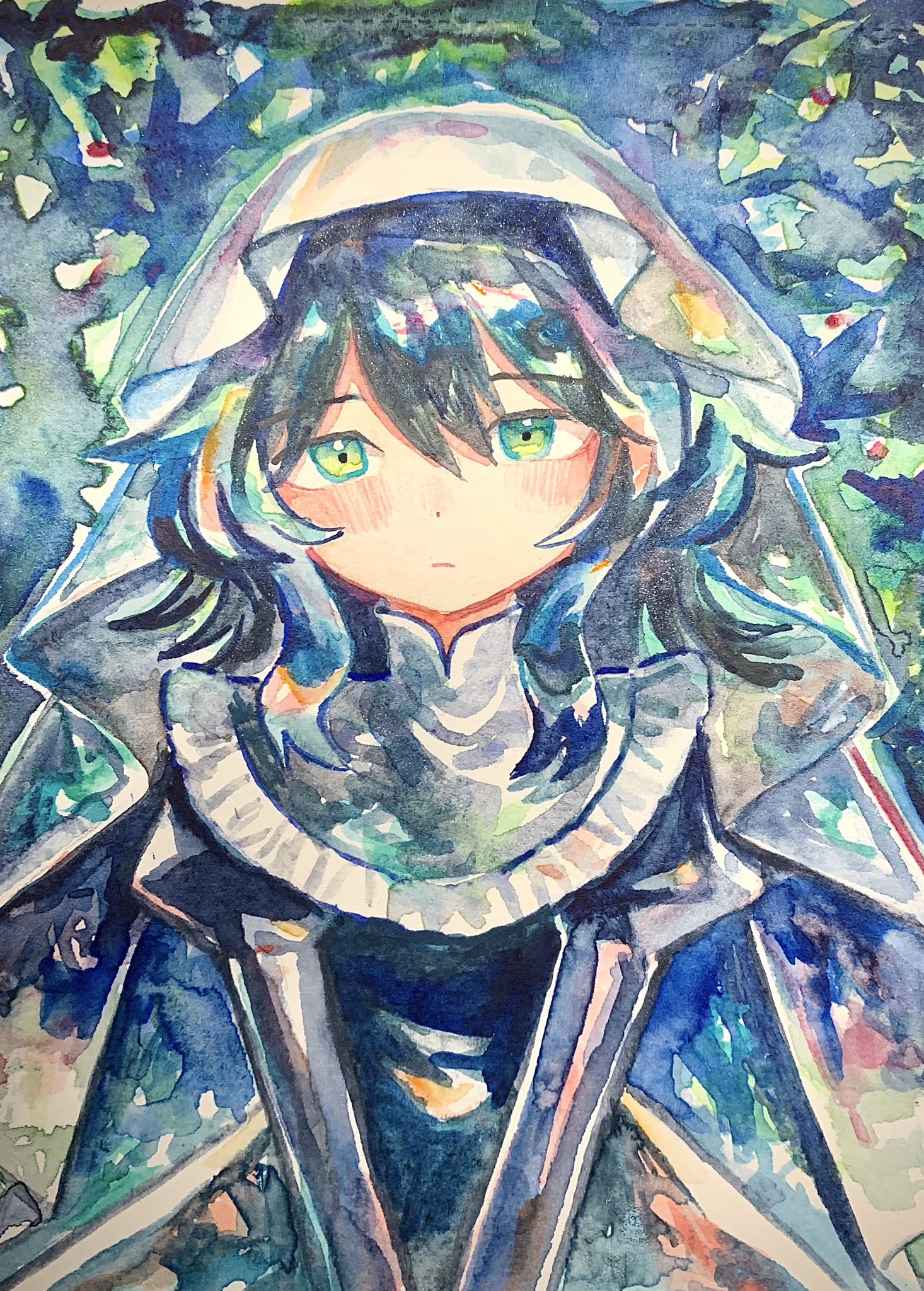 Safebooru - 1girl aqua background aqua eyes black dress black hair blue background blue hair ...