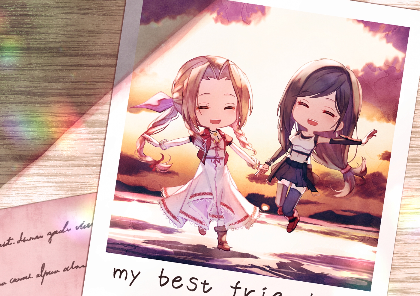 Safebooru - 2girls aerith gainsborough bangle bare shoulders black bra black gloves black hair ...