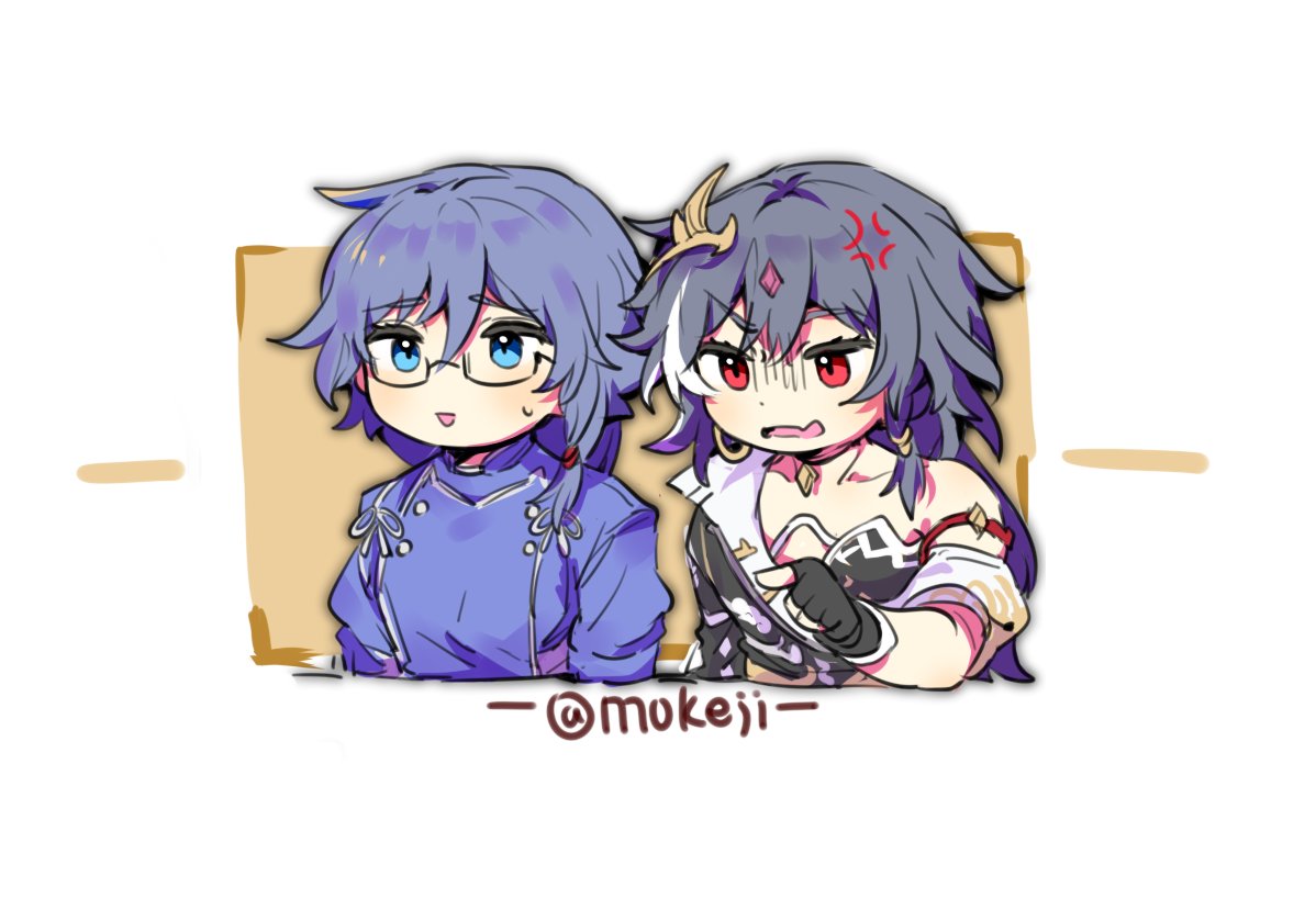 Safebooru - 2girls anger vein asymmetrical clothes black gloves blue eyes blue shirt chinese ...