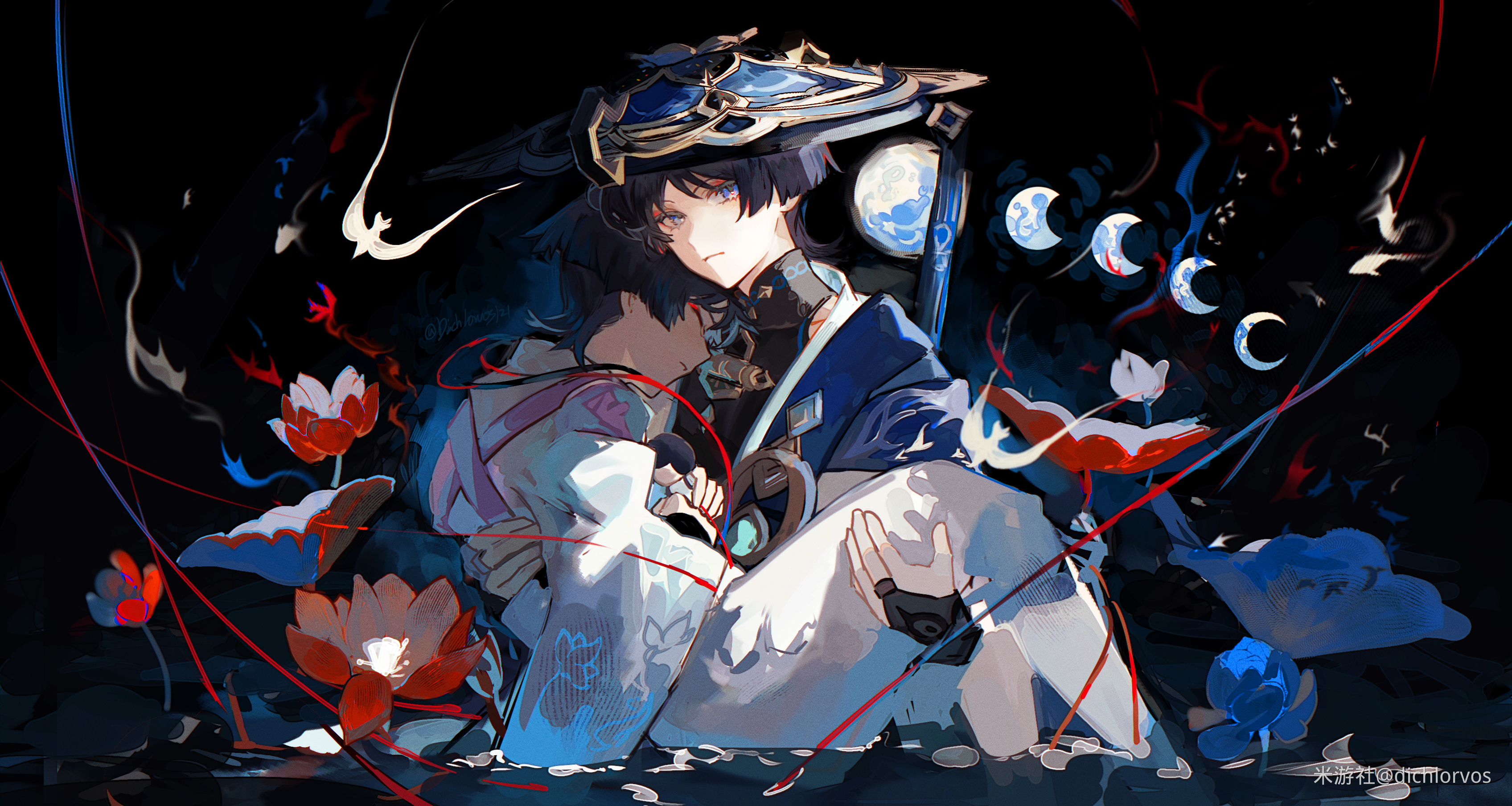 Safebooru - 2boys absurdres black background black hair black shirt ...