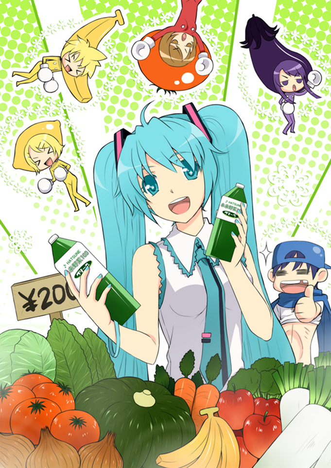 Safebooru - aqua eyes aqua hair banana bracelet broccoli (vegetable) cabbage carrot chibi daikon ...